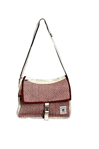 VIBRANIC Himalayan HEMP Cross-Body Messenger Bag - THC Free - Over-the-Shoulder Sling Bag - Red Diamond Pattern - Unisex - All Natural Handmade - Multi-Pocket - Made In Nepal
