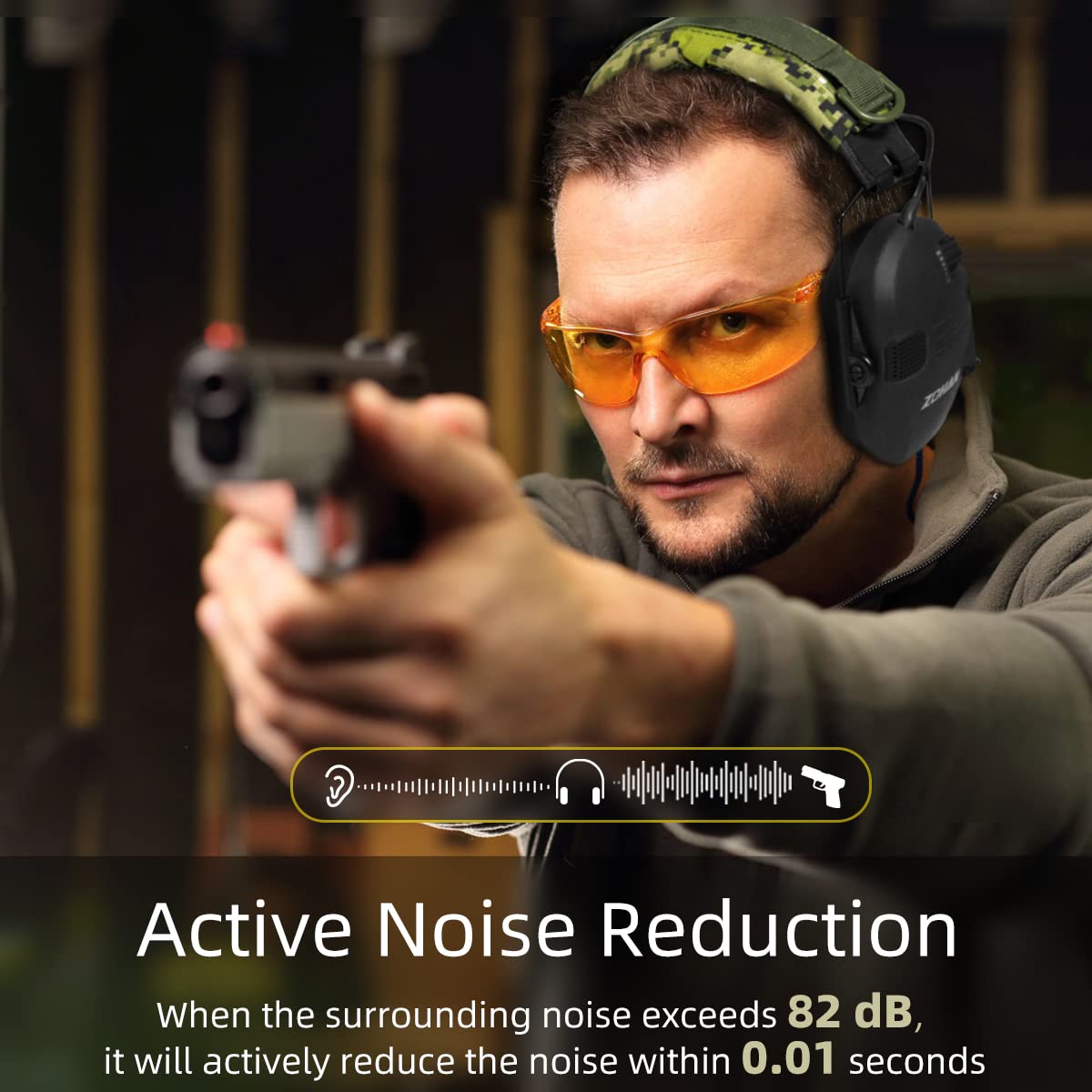 ZOHAN EM025 Electronic Shooting Ear Protection Earmuffs with Sound Amplification, NRR 23dB for Gun Range with Headband Cover (Black)