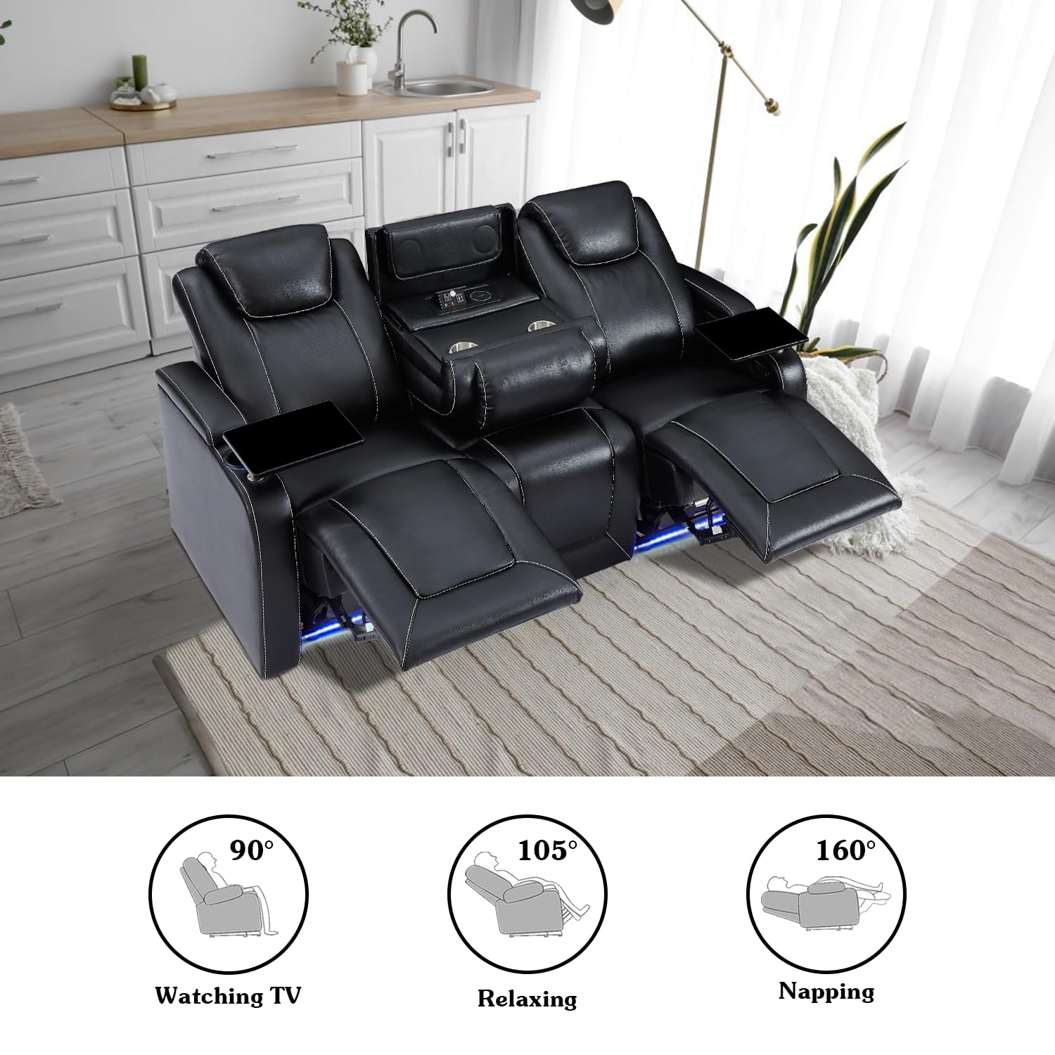 Weilianda Home Theater Seating Leather Moive Sofa Recliner Chair Type-C USB Charge and Wireless Charging Arm Storage with Tray Table - Black