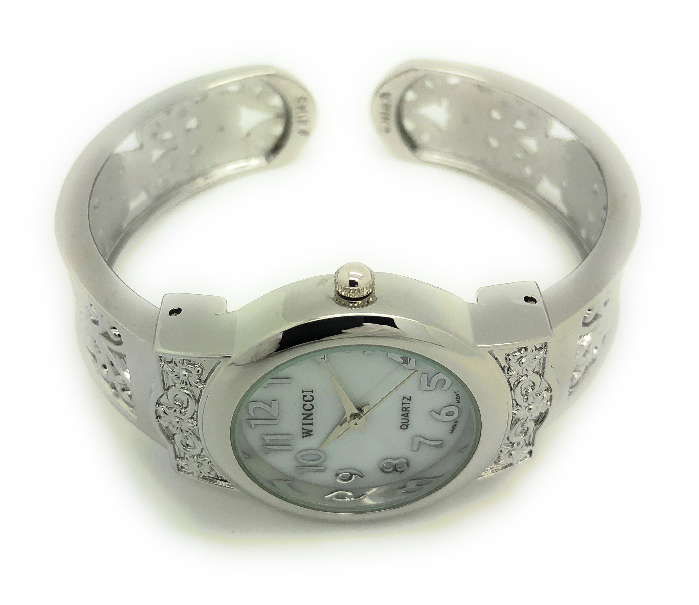 Wincci Ladies Elegant Metal Bangle Cuff Fashion Watch Pearl Dial (Silver)