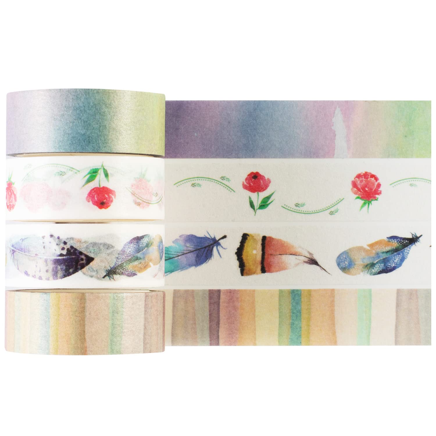 YUBBAEX Romantic Garden Washi Tapes 4 Rolls Feather Rose Masking Tape Set Decorative for Arts, DIY Crafts, Journal Supplies, Planners, Scrapbook, Card/Gift Wrapping