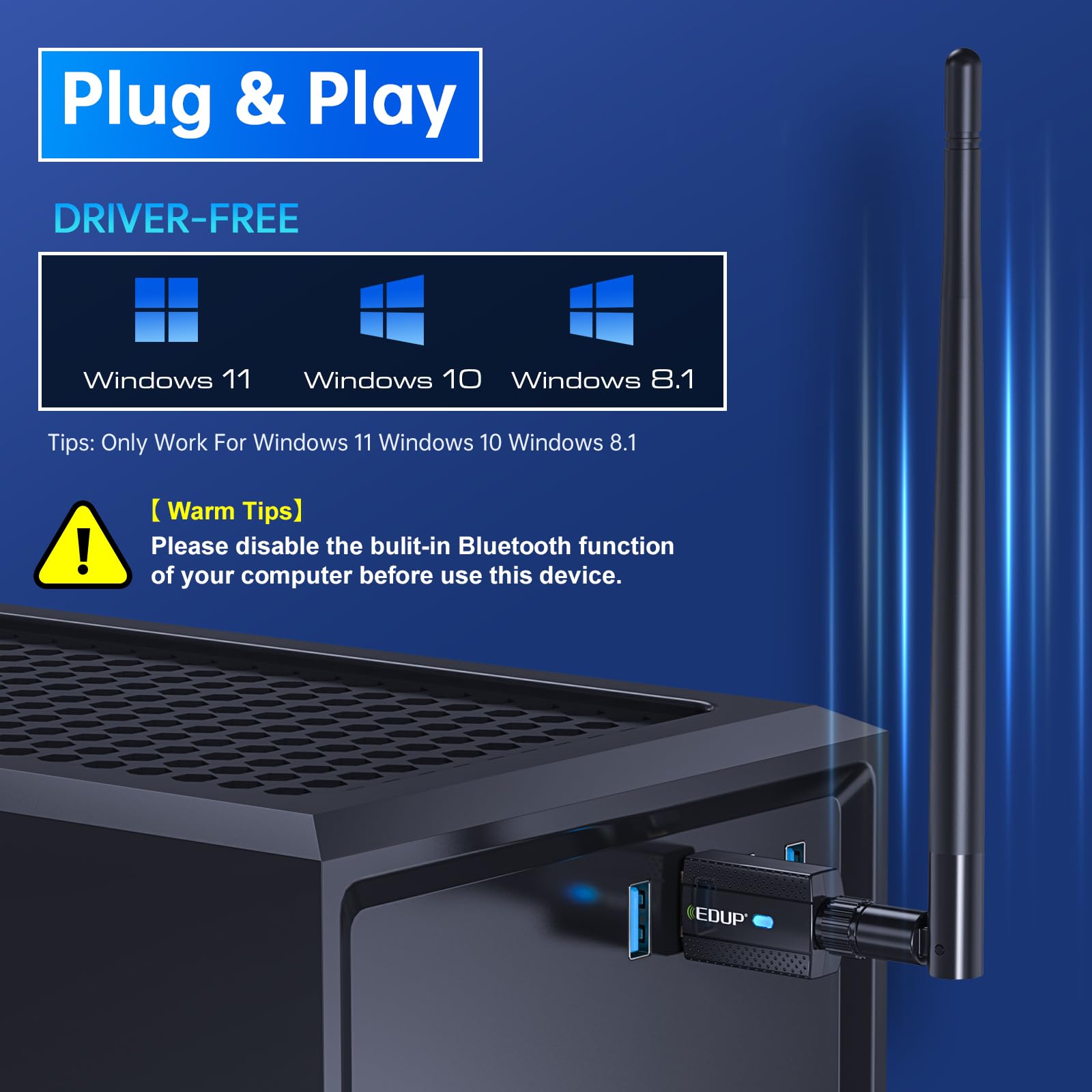 USB Bluetooth 5.3 Adapter for PC, Driver Free, Long Range 492FT / 150M Bluetooth Stick Receiver & Transmitter Compatible with Windows 11/10/8.1, (Need to Disable Built-in Bluetooth of PC) - Black