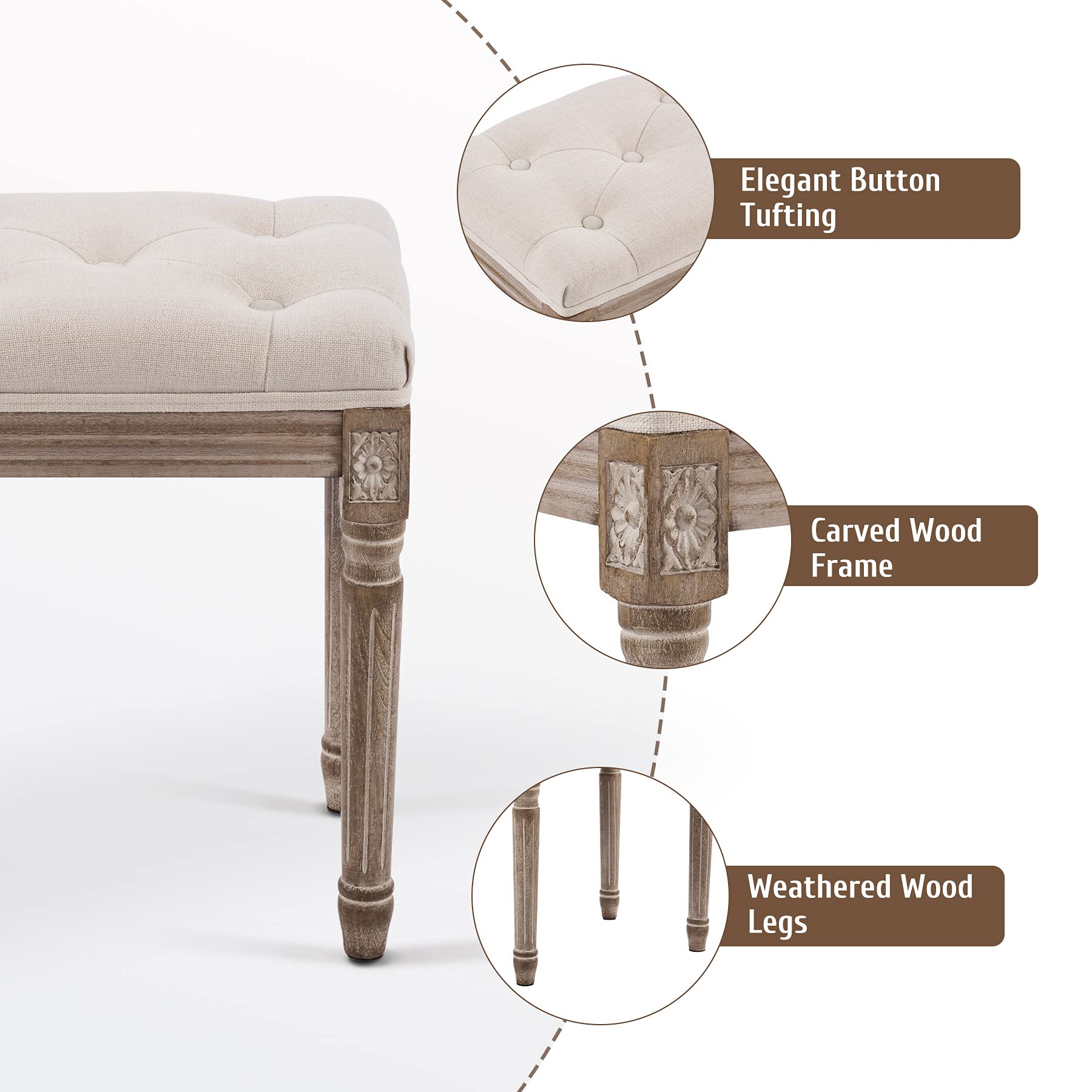VONLUCE 21" Round End Table with 14" Ceramic Tile Top, Indoor & Outdoor Accent Table, Maple + French Vintage Foot Stool with Rustic Wood Legs and Padded Seat