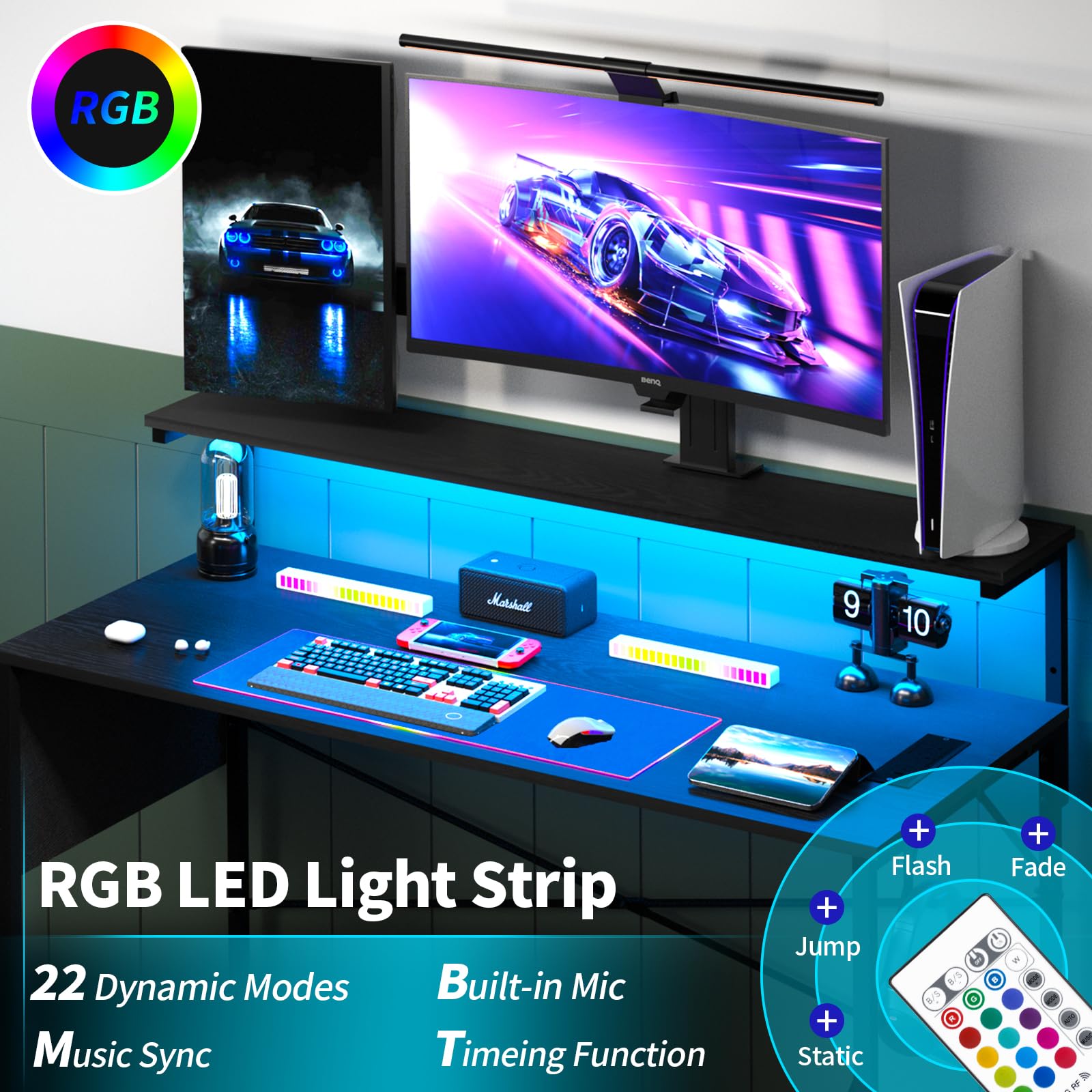 Yoobure Computer Desk with LED Lights, Adjustable Monitor Stand, Power Outlets, and Storage - 47" Home Office Desk