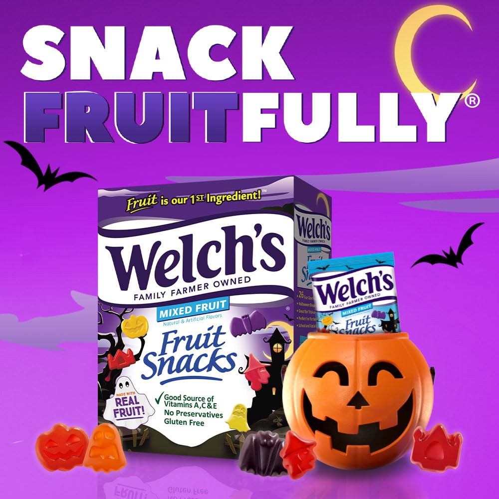 Welch's Fruit Snacks Halloween Shaped Mixed Fruit, Halloween Candy Bulk Pack, Gluten Free, 0.5 oz (Pack of 52)