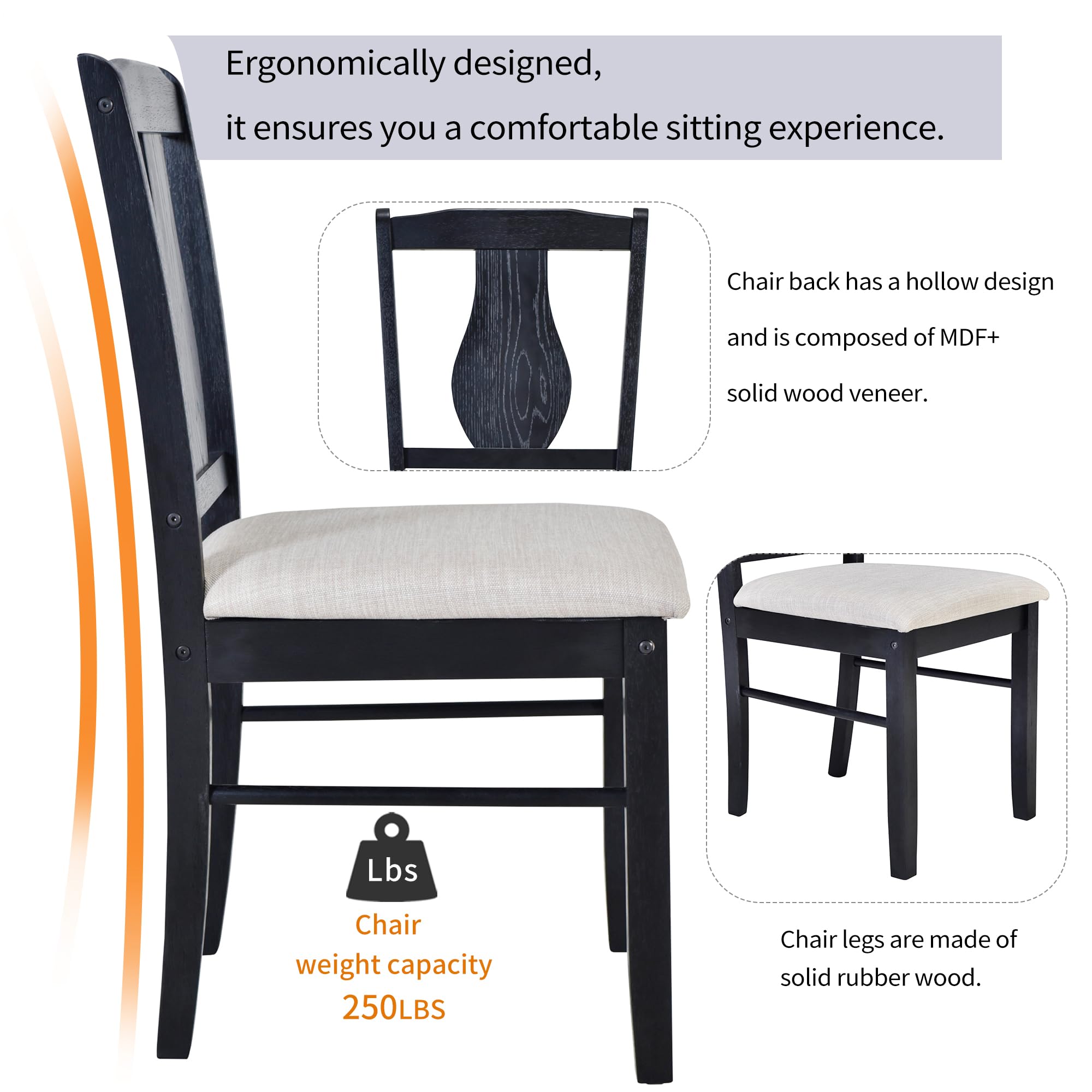 Voohek, Small Dining Room Furniture Set for 4, 5 Piece Kitchen Table and Chairs, Spaces, Apartment, Dinette, Farmhouse, Black