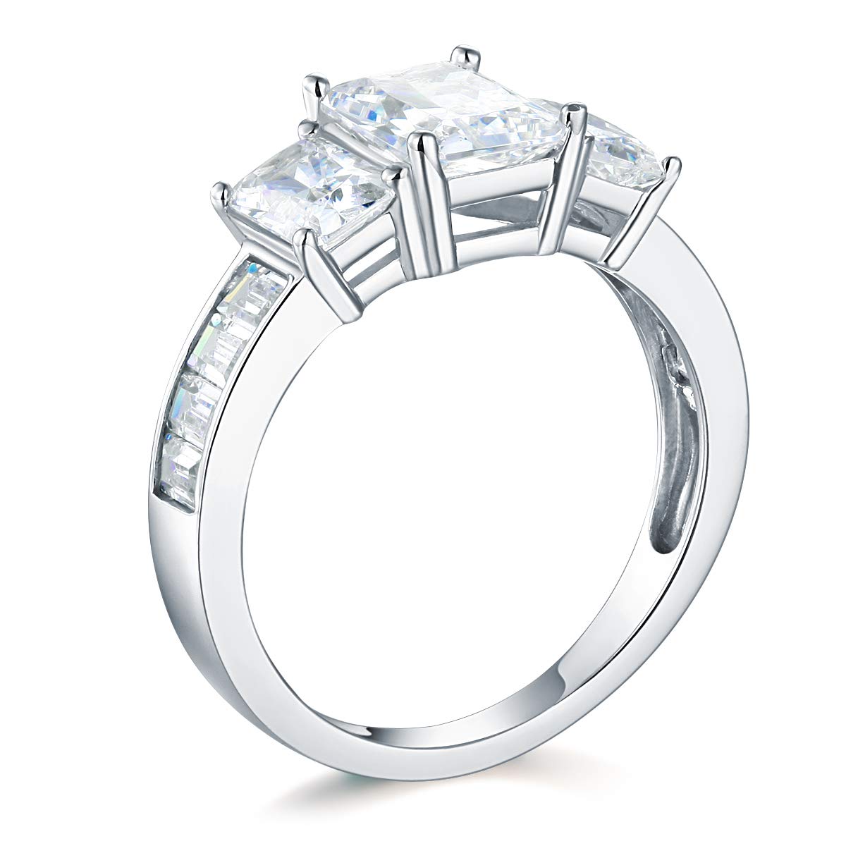 Wellingsale Ladies Solid 14k White Gold Polished CZ Cubic Zirconia Radiant Cut Three 3 Stone Engagement Ring with Side Stones and Wedding Band Bridal Set - Size 8.5