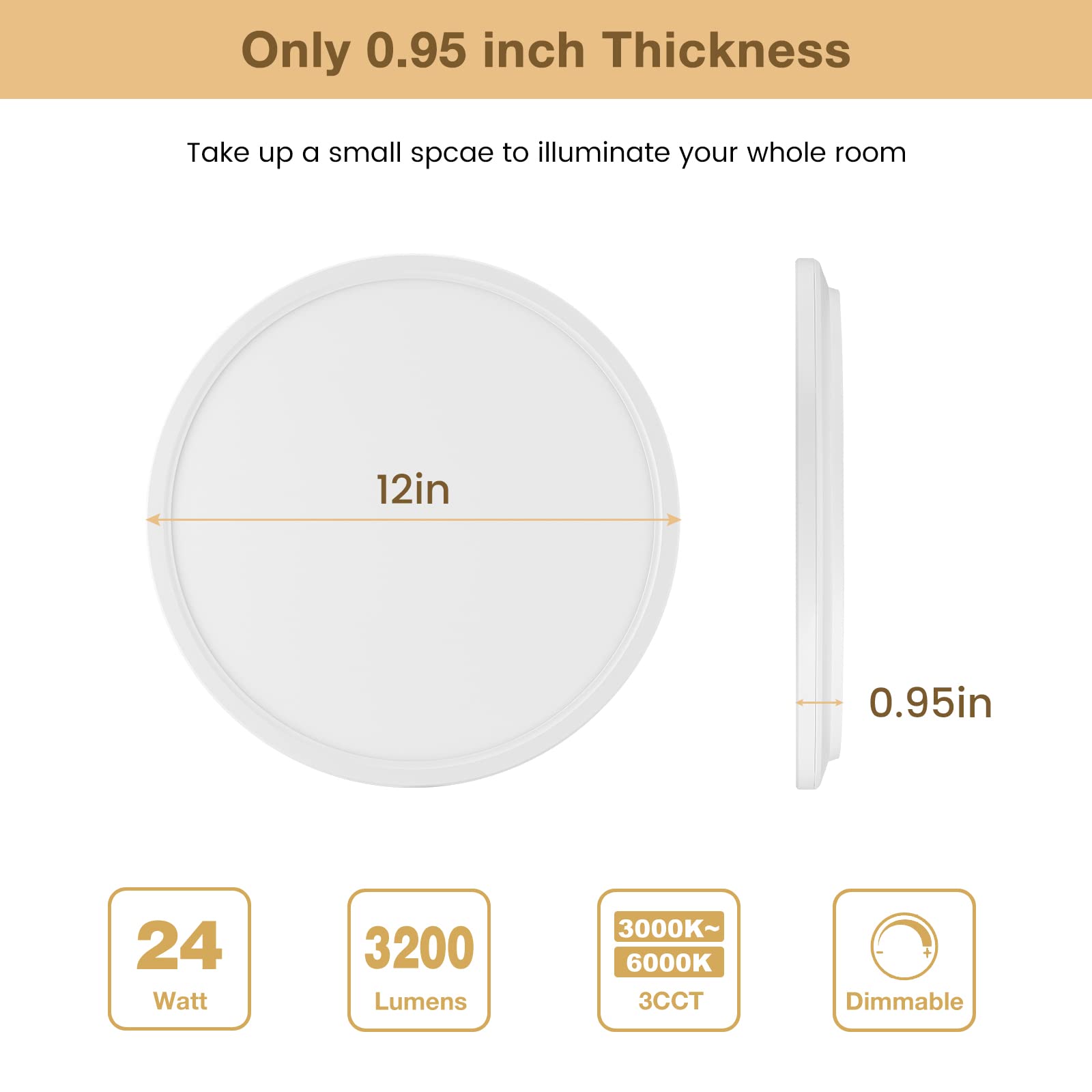 Super Slim 3200LM 12Inch LED Ceiling Lights Flush Mount, Dimmable 3000K 4500K 6000K CCT, Low Profile Surface Mount Light Fixtures, 24W Thin Flat LED Panel Lights for Bedroom Bathroom Kitchen, 2 Packs