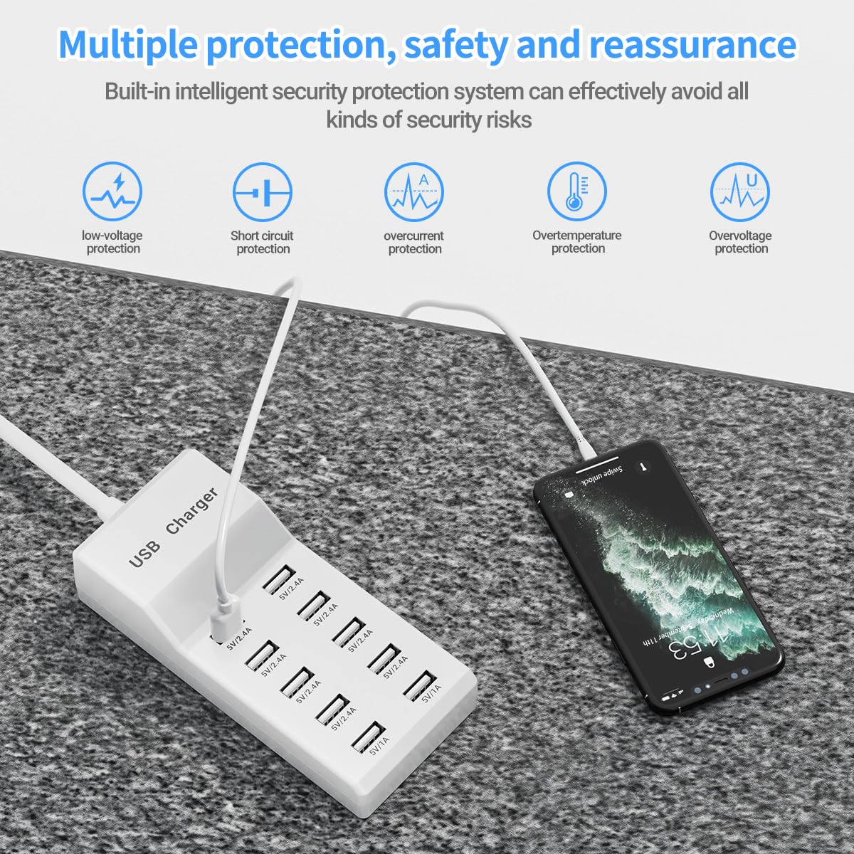 USB Charging Station-10 Ports USB Charger Dock, USB Multiple Port Charger,70.8 Inch Extension Cord,Suitable for Various Devices Mobile Phones, Cameras, Bluetooth Headsets(2PC)