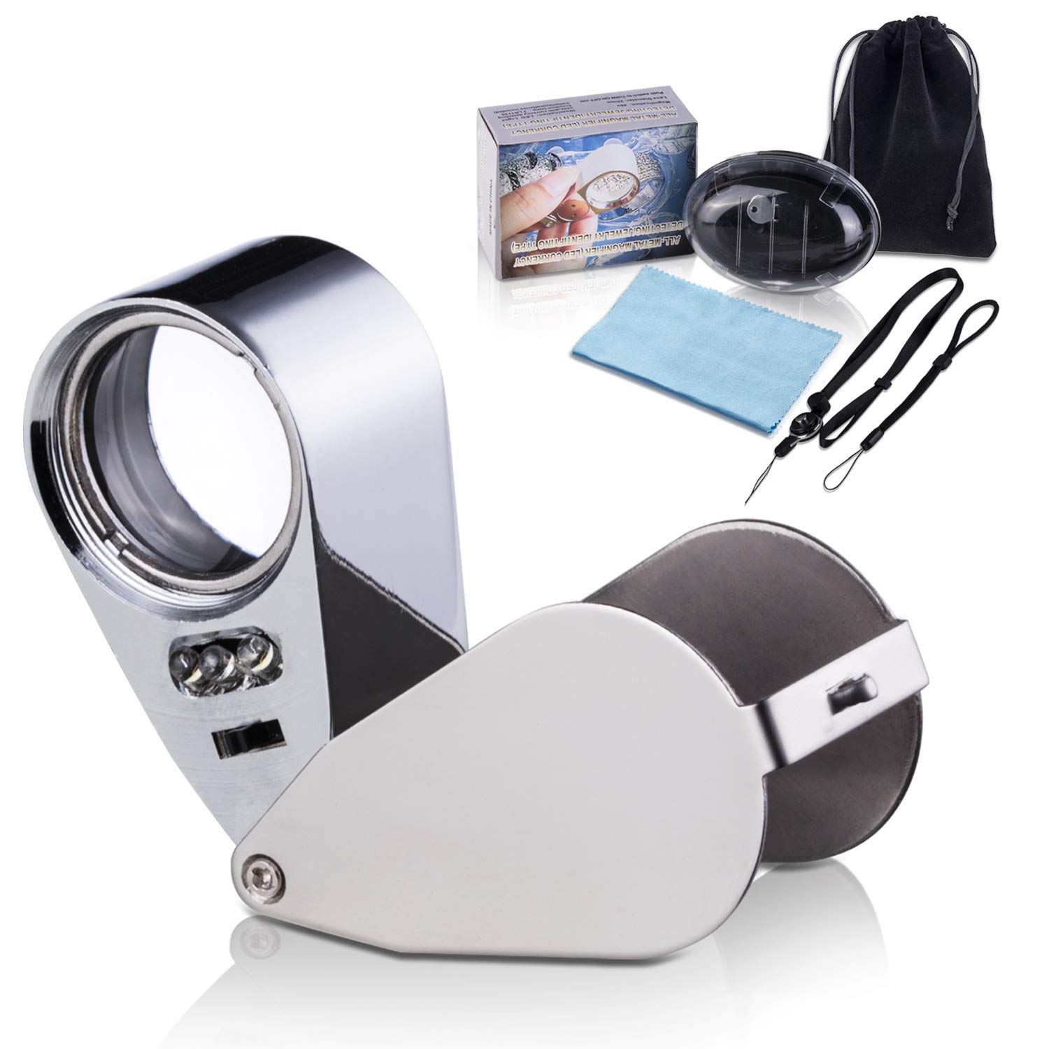 Wanapure 40× Metal Jewelry Loop Magnifier, Jewelers Eye Loupe with LED Light, Includes Drawstring Bag and Adjustable Lanyard, Pocket Illuminated Magnifying Glass for Gems, Rock Collection