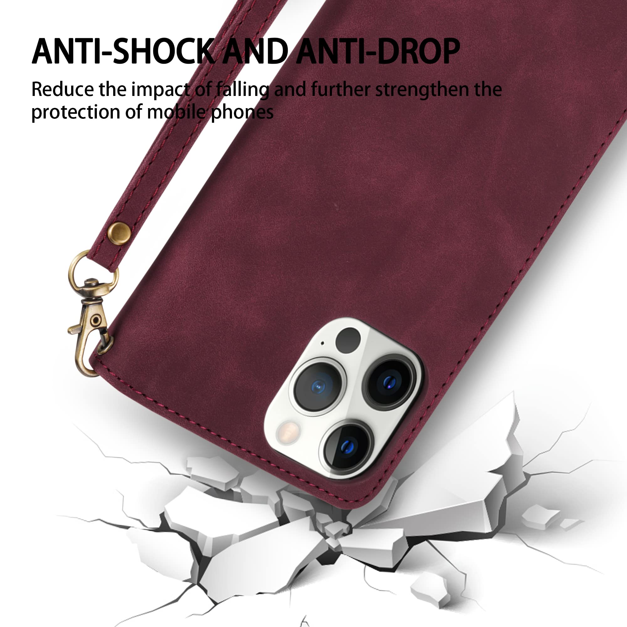 ZZXX iPhone 14 Pro Max Case Wallet with [RFID Blocking] Card Slot Soft PU Leather Zipper Flip Folio with Wrist Strap Kickstand Protective Cover for iPhone 14 Pro Max Wallet Case(Wine Red-6.7 inch)