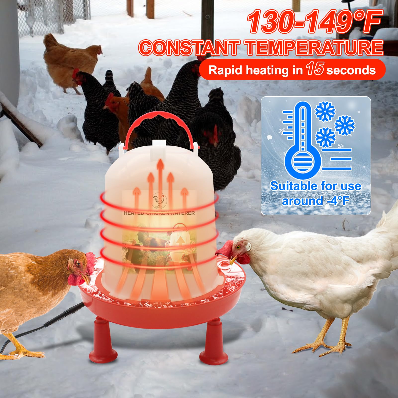 WISMOIER Heated Chicken Waterer - 35W Constant Temperature Heated Plastic Poultry Fountain with 2 Adjustable Heights - 3L Poultry Waterer for Chicken Coop Accessories in Winter