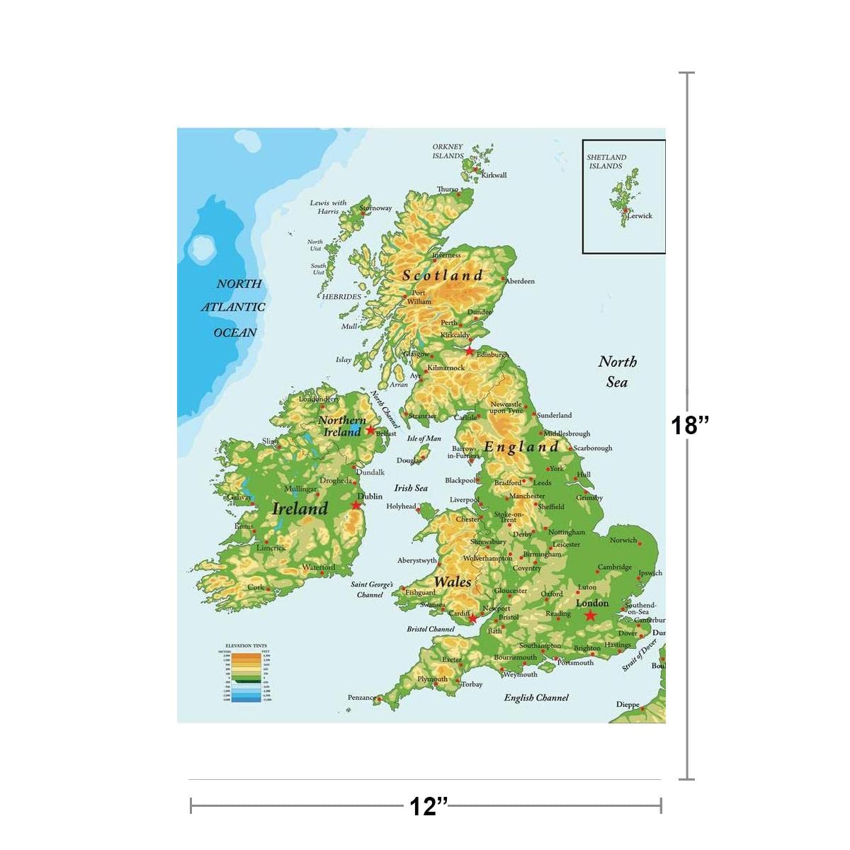United Kingdom Ireland Scotland Topographical City Atlantic Ocean Map Cool Huge Large Giant Wall Art 36x54
