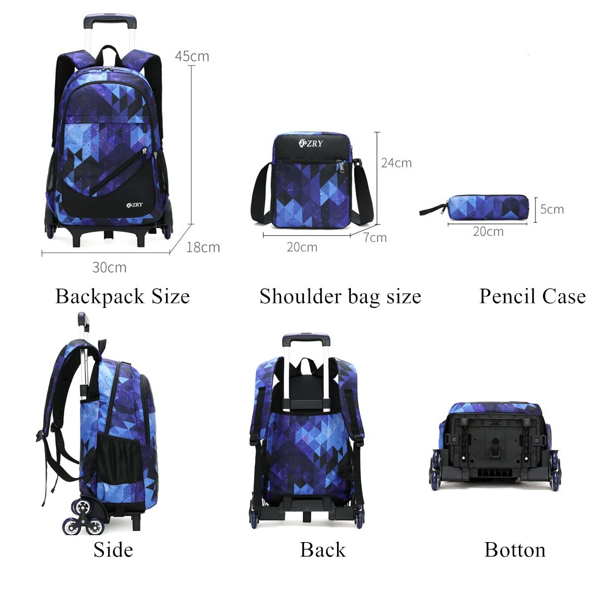 VIDOSCLA 3Pcs Geometric Rolling Backpack,Elementary Students Trolley Bag,Carry-on Primary School Book Bag with Lunch Bag&Pencil Case