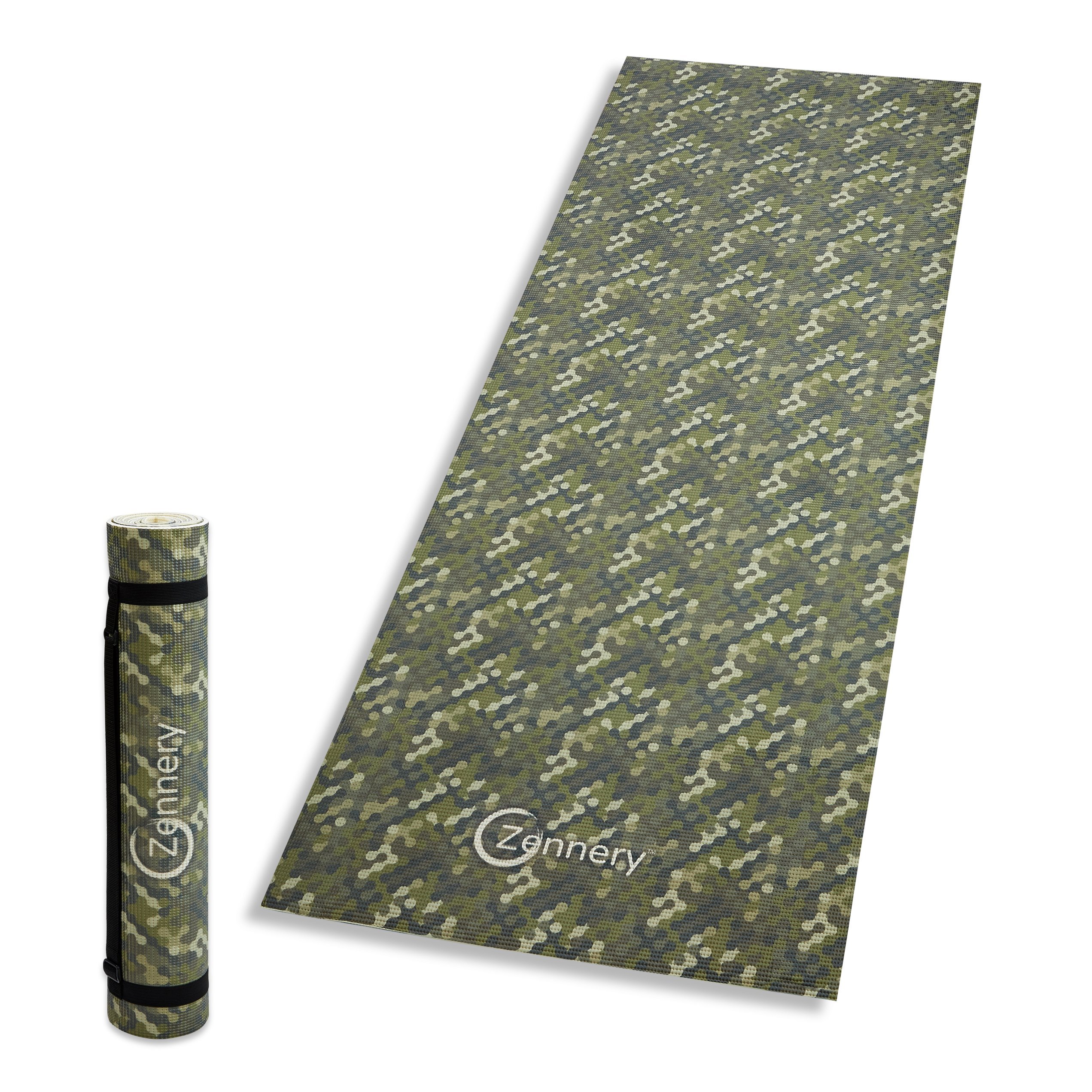 Zennery Best All Purpose, Professional - Non-Slip - Extra Durable - 2 Sided, Textured Exercise Yoga Mat ¼ inch EXTRA THICK, Deluxe (68” X 24”) with Carrying Strap, Phthalate freeCamouflage