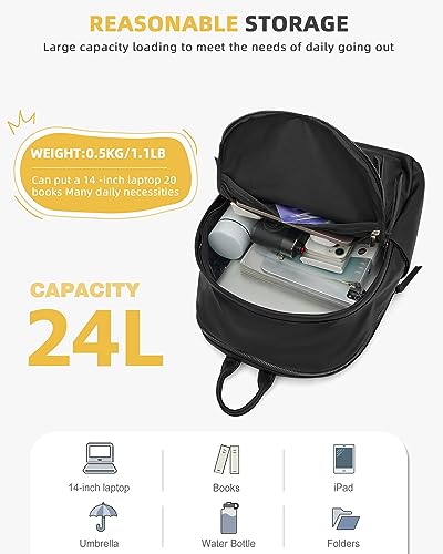 VECAVE Lightweight Backpack for Women Men,Travel Casual Daypack Laptop Rucksack, Waterproof College High Secondary Bookbag PU Leather Computer Laptop Bag Black