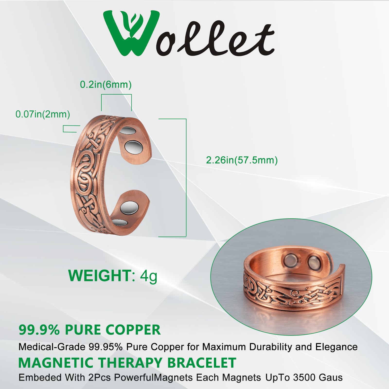 Wollet 99.9% Pure Copper Magnetic Ring for Women Men, Copper Rings with Magnets Adjustable Copper Ring Jewelry Gift