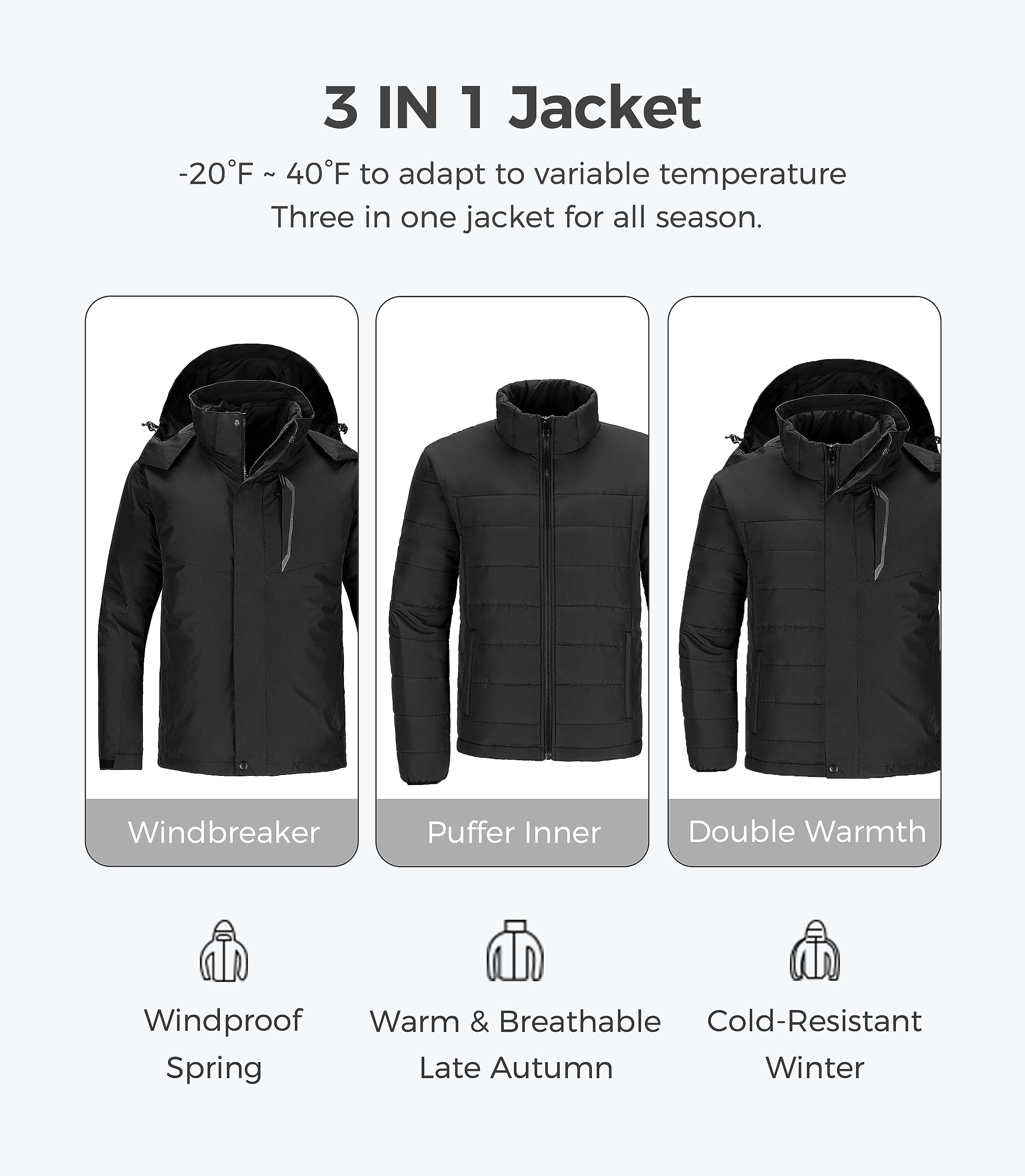 wantdo Men's 3 in 1 Waterproof Ski Jacket Winter Warm Rain Coat Black Medium