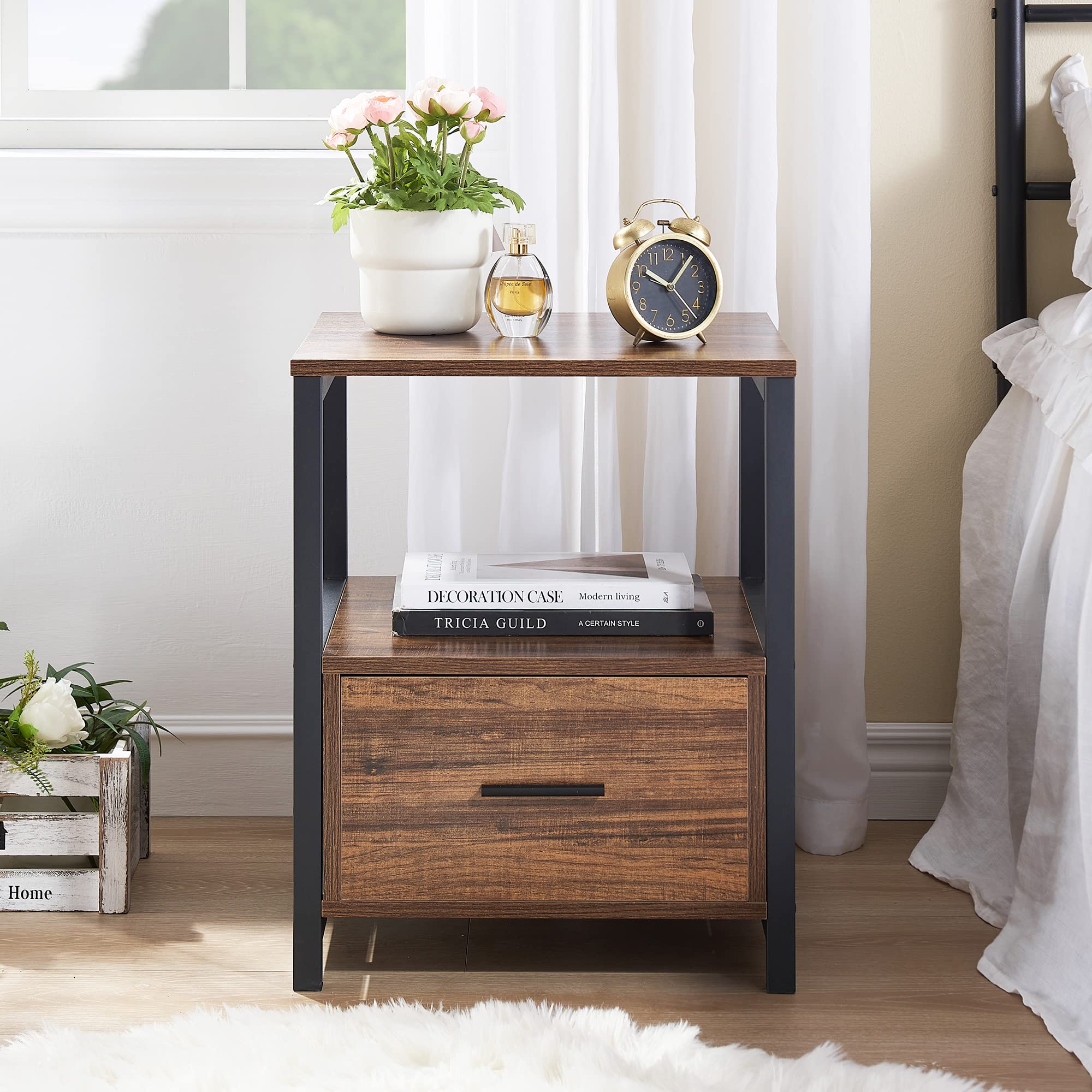 VECELO Nightstand Set of 2, Modern Square Side End Table, Night Stands with Drawer and Storage Shelf for Bedroom, Living Room, Study Metal Frame, 2 Pack, Brown