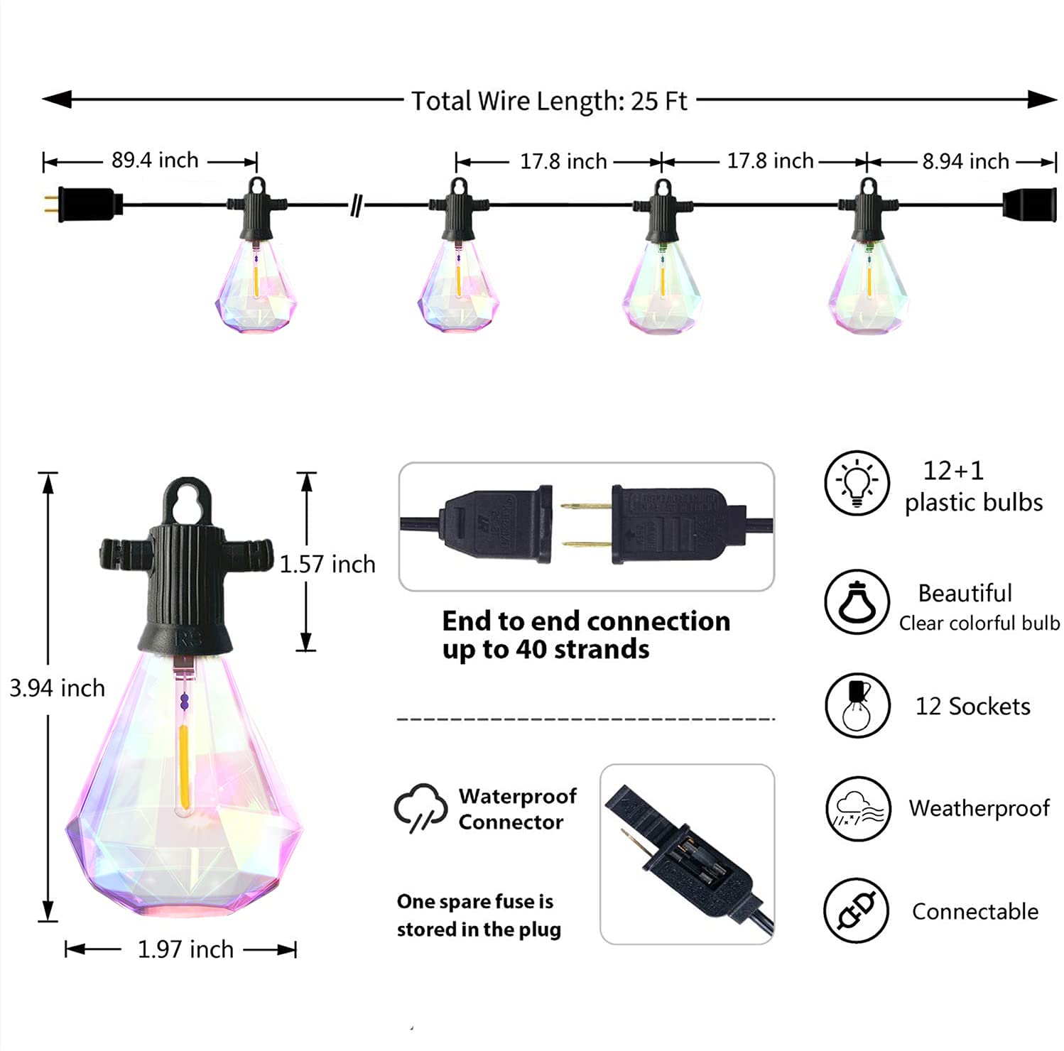 ZOTOYI 25Ft Outdoor LED String Lights, ETL Listd Waterproof IP65 2700K Warm White, Patio Lights String with 12Pcs E12 Sockets, Backyard Hanging Lights for Indoor Outside Lighting