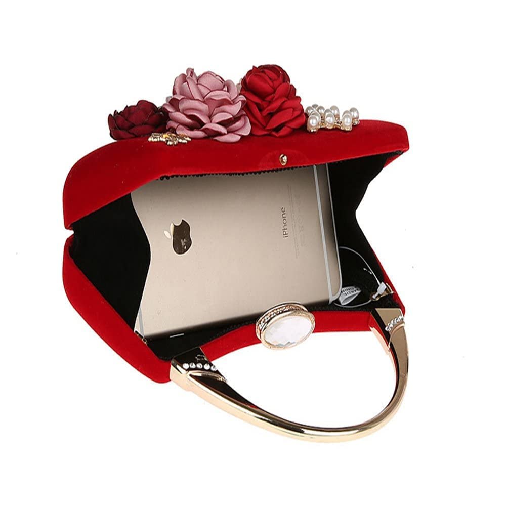 Women Flower Evening Bag Clutch Purse Metal Frame Large Wedding Red Vintage Purse Carved Handle handbag for party Cocktail