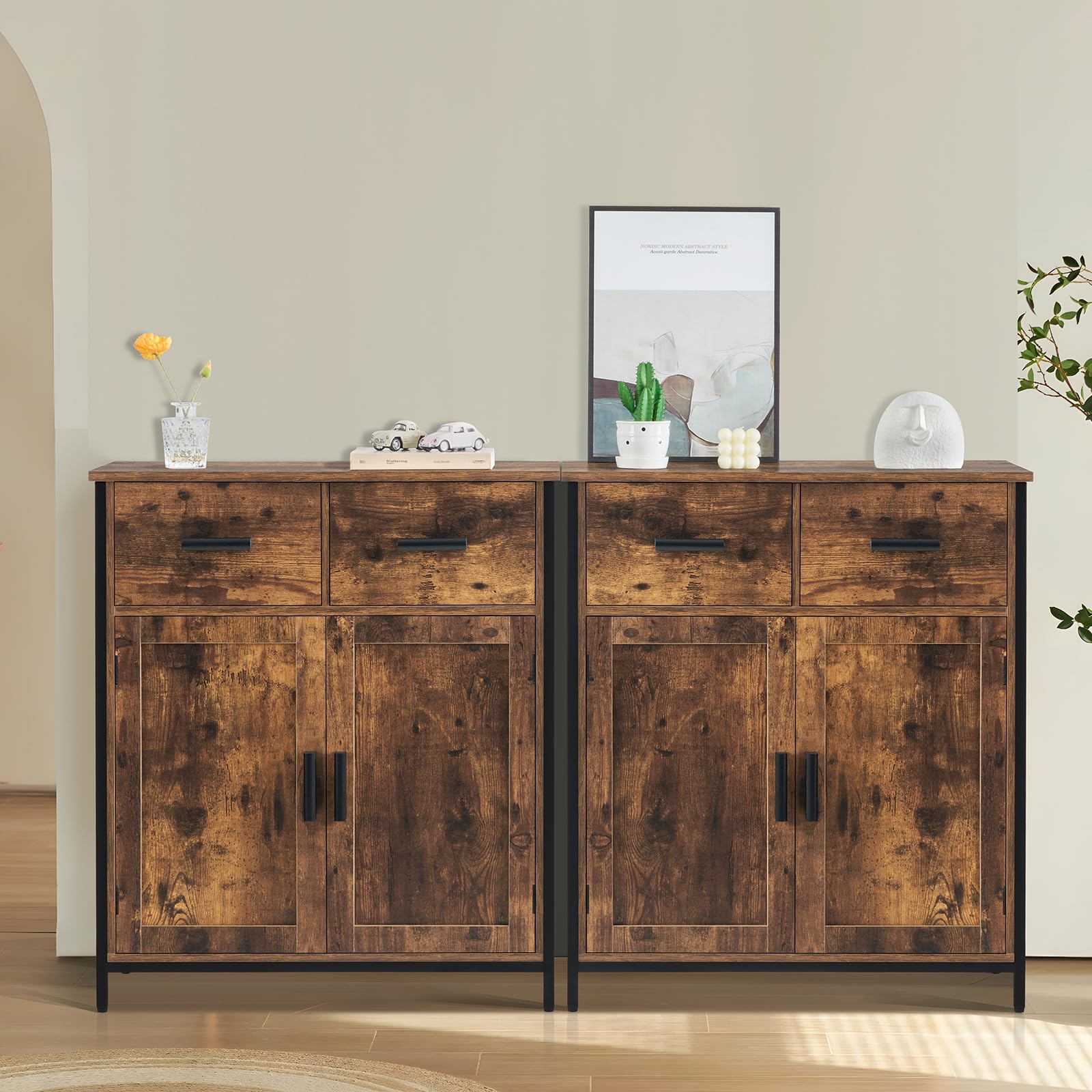 usikey Storage Cabinet with 2 Drawers & Adjustable Shelf, Freestanding Storage Cabinet, Sideboard, Accent Cupboard for Living Room, Entryway, Kitchen, Brown