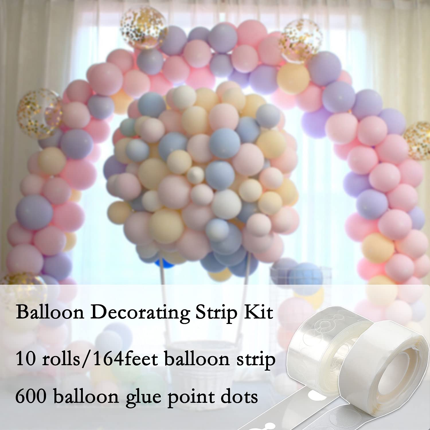 Vikeivty Balloon Arch Strip Kit, Decorating Strip Kit, 10 Rolls/ 164 Feet Balloon Tape Strips with 6 Rolls/ 600 Balloon Glue Point Dots Stickers for Birthday