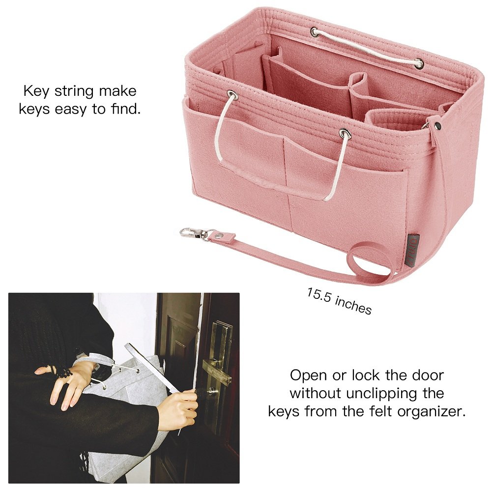 ZTUJO Purse Organizer, Multi-Pocket Felt Handbag Organizer, Purse Organizer Insert with Handles, Medium, Large, X-Large (Slender Medium,Brush Pink)