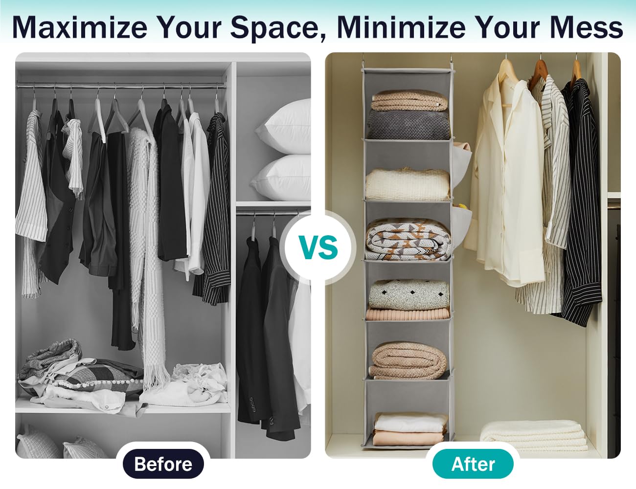 YOUDENOVA Hanging Closet Organizer, 6-Shelf Closet Hanging Storage Shelves, 2 Packs, Light Grey