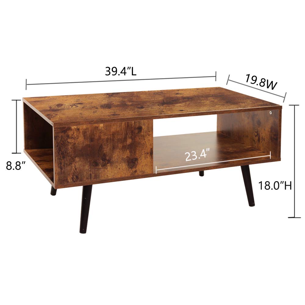 usikey Wooden Coffee Table, Mid-Century Coffee Table with Storage Open Shelf, Accent Cocktail Table for Living Room, Reception, Rustic Brown