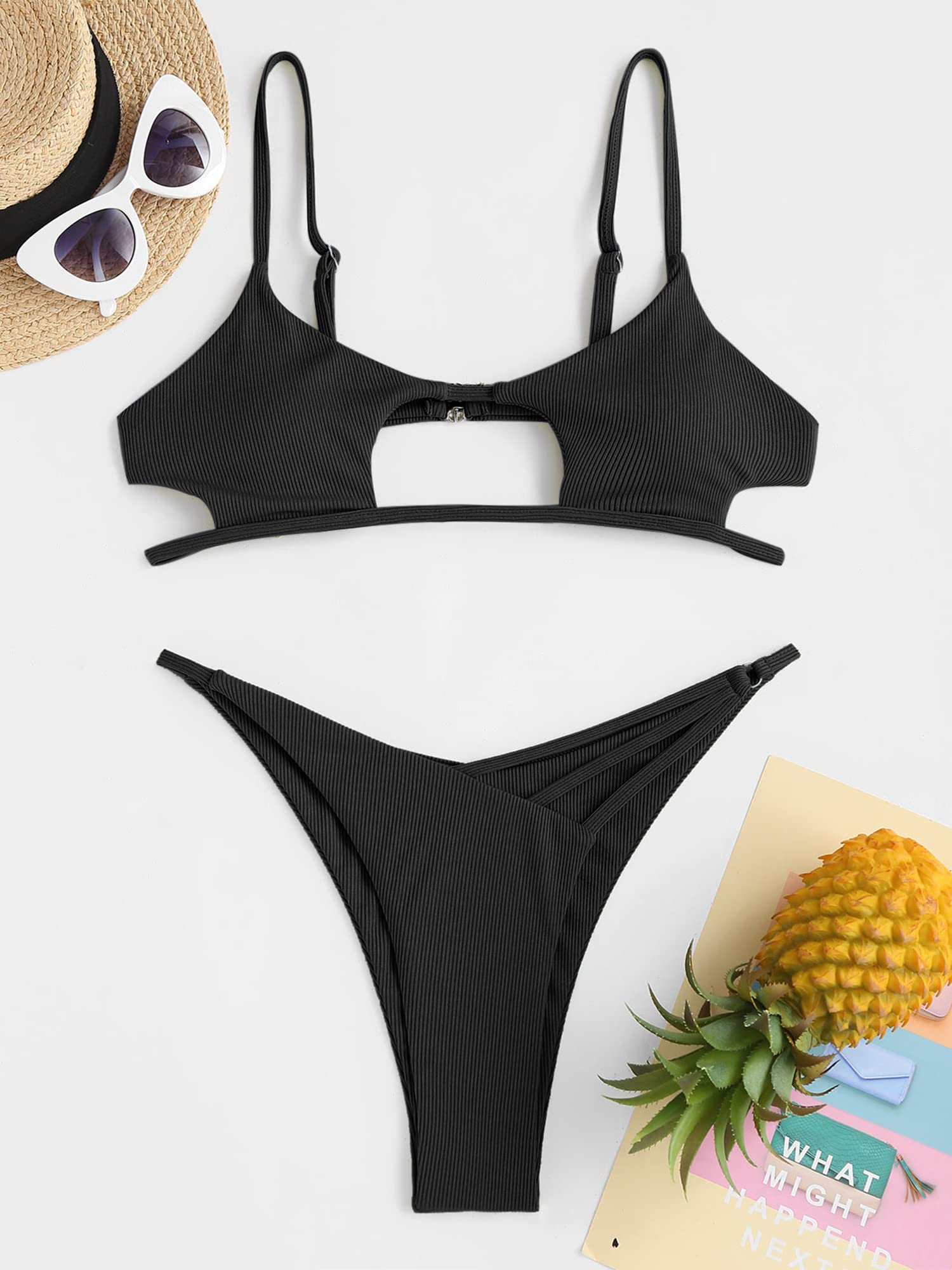 ZAFUL Women's Sexy Cutout Bikini Thong Bikini Set Tie Back Two Piece Swimsuit Bathing Suit (0-Black,M)