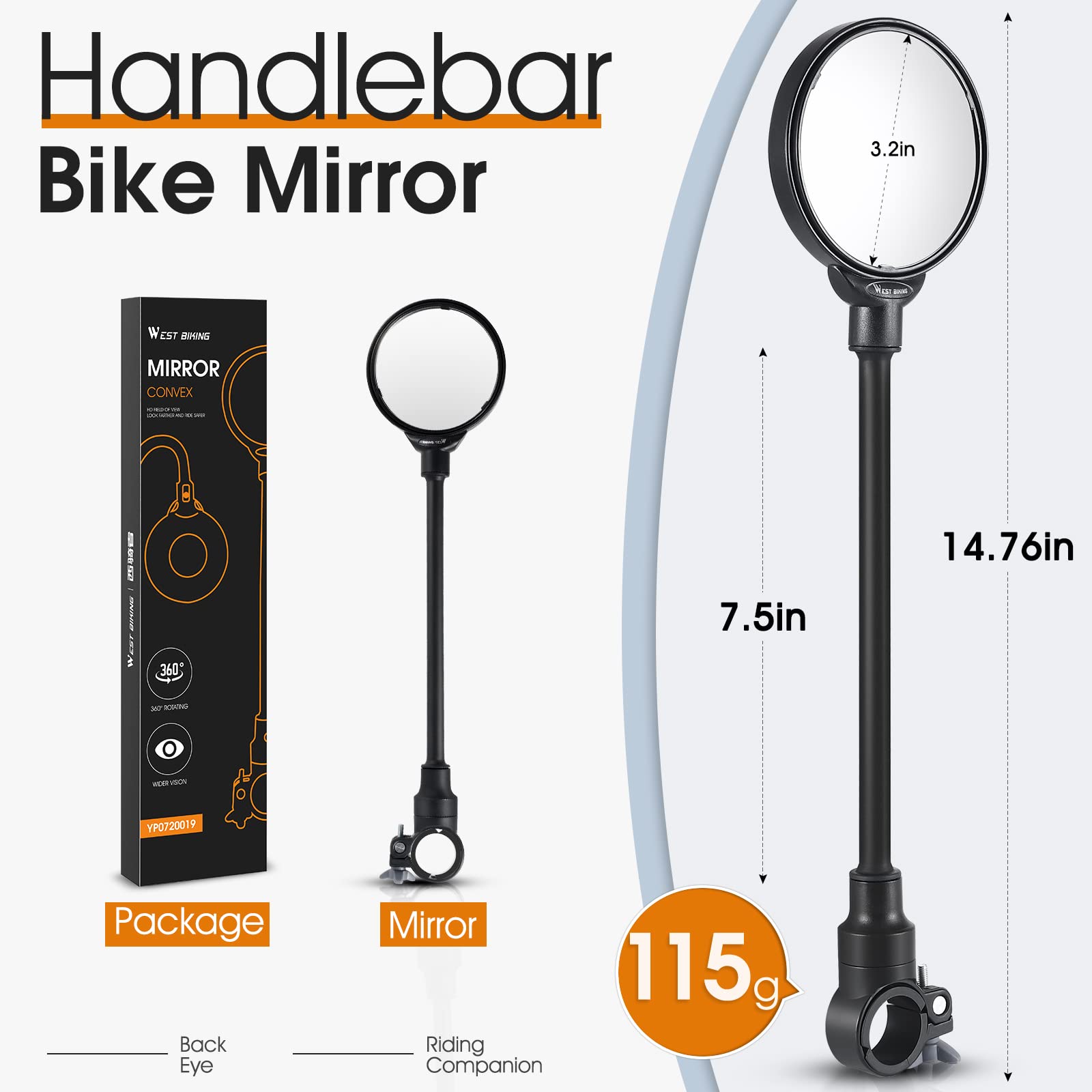 West Biking Bike Mirror Handlebar Mount, Adjustable Rotatable Bicycle Rear View Mirror, Wide Angle Acrylic Convex Safety Mirror for Mountain Road Bike