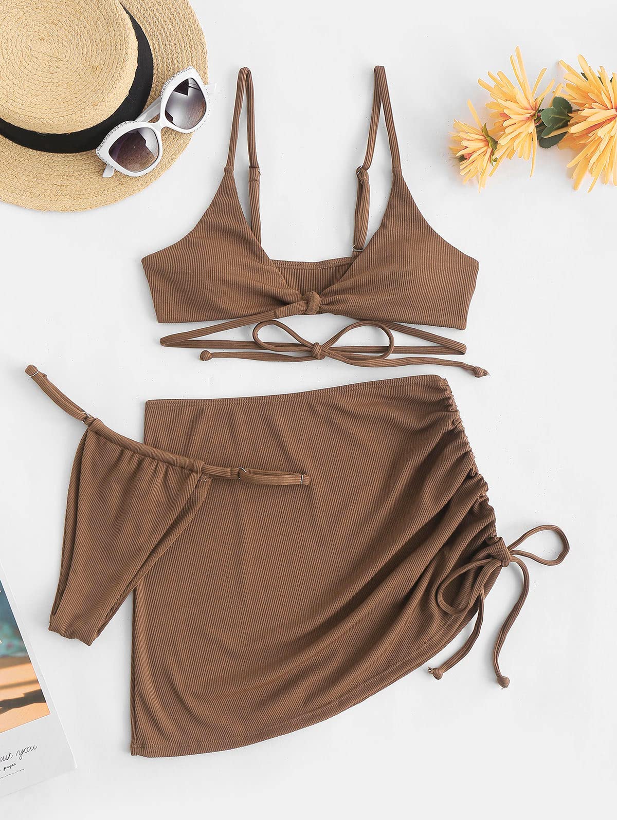 ZAFUL Women's Sexy Plunging Swimsuits Ribbed Front Knotted High Cut Swimwear Cute Bikini Set(A-Deep Coffee, S)