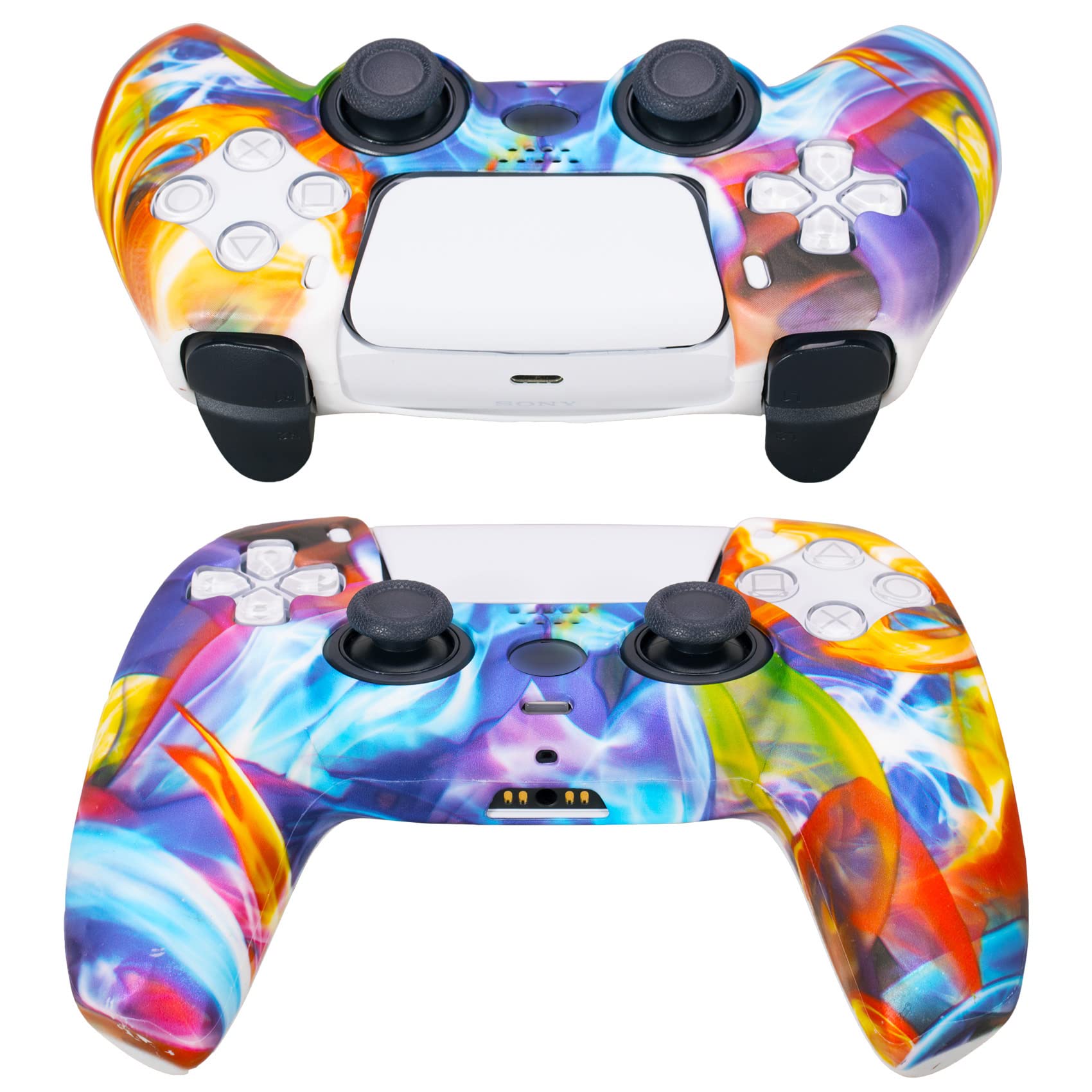 YoRHa Water Transfer Printing Silicone Thickened Cover Skin Case for PS5 Controller x 1(Comic Skulls) with Thumb Grips x 10