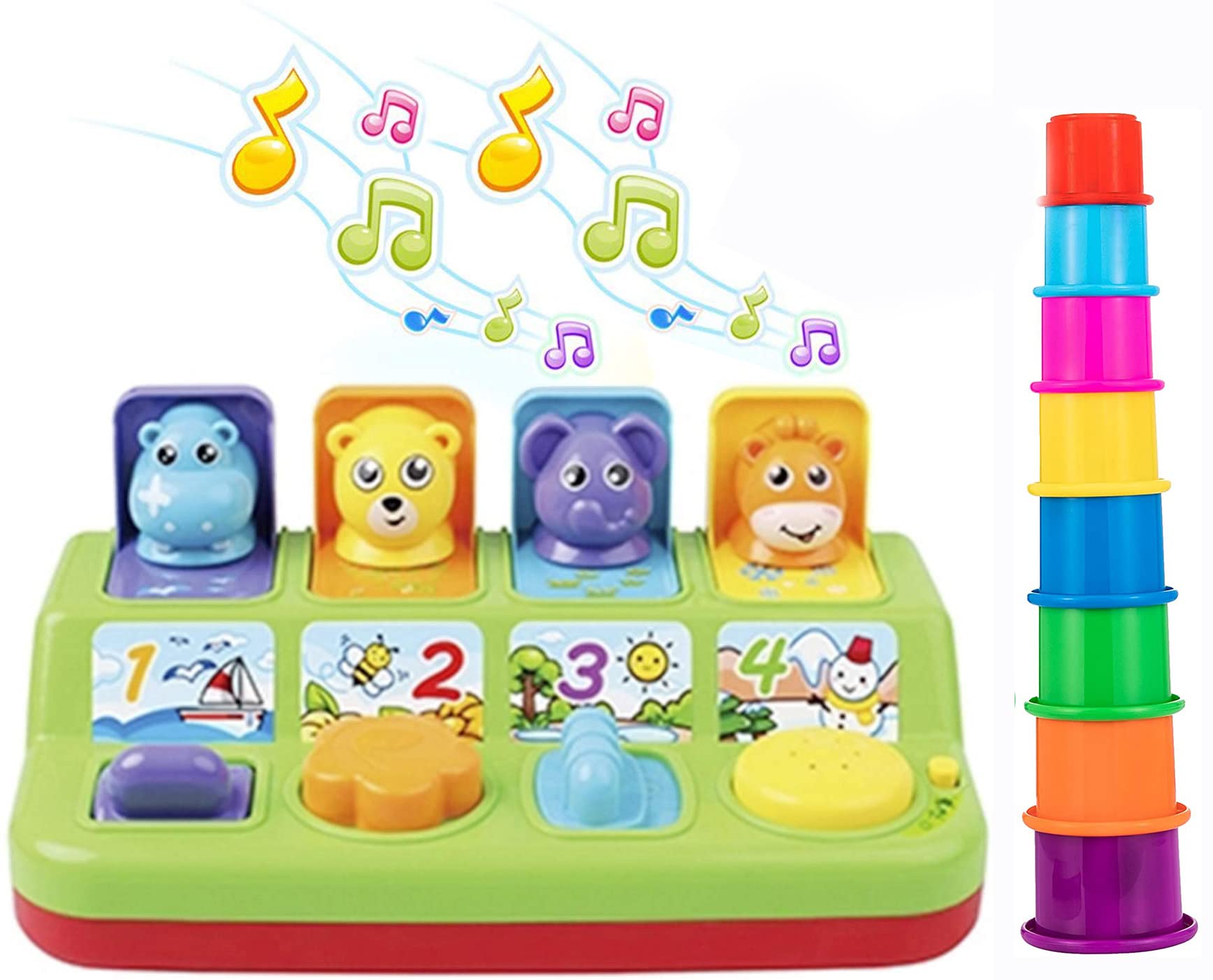 WALA - Interactive Pop Up Animals Toy for Toddlers, with Music, Animal Sounds - Activity/Learning Toy for Kids (12 M of 8 PK Stacking Cups Included