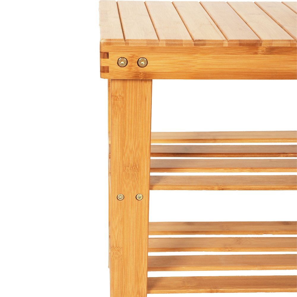 WISCLASS 90 cm Pastoral Style Bamboo Shoe Rack Strip Pattern Three Tiers Bamboo Stool Shoe Rack Simple Assembled Multifunctional Storage Shoe Rack Pastoral Style Bamboo Shoe Stool for Home