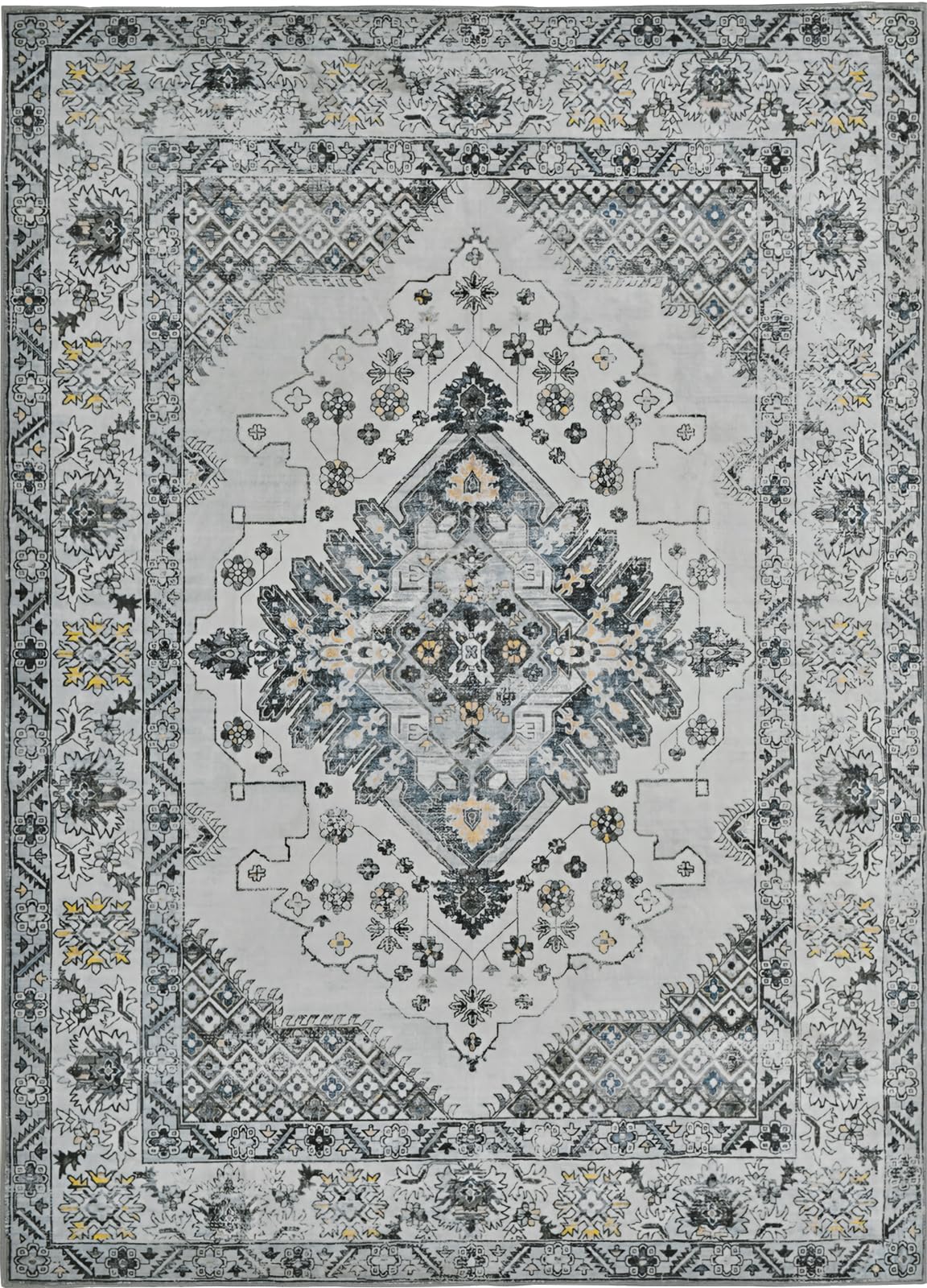 Wasbable Area Rug 5x7 Bedroom - Living Room Stain Resistant Thin Rugs with Rubber Backing - Large Grey Indoor Floor Carpet for Dining Room Office,Grey/Cream