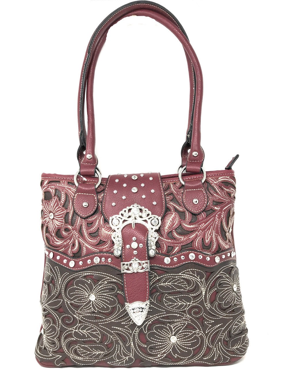 Western Rhinestone Buckle Concealed Carry Floral Womens Tote Handbag/Wallet Set (Red)