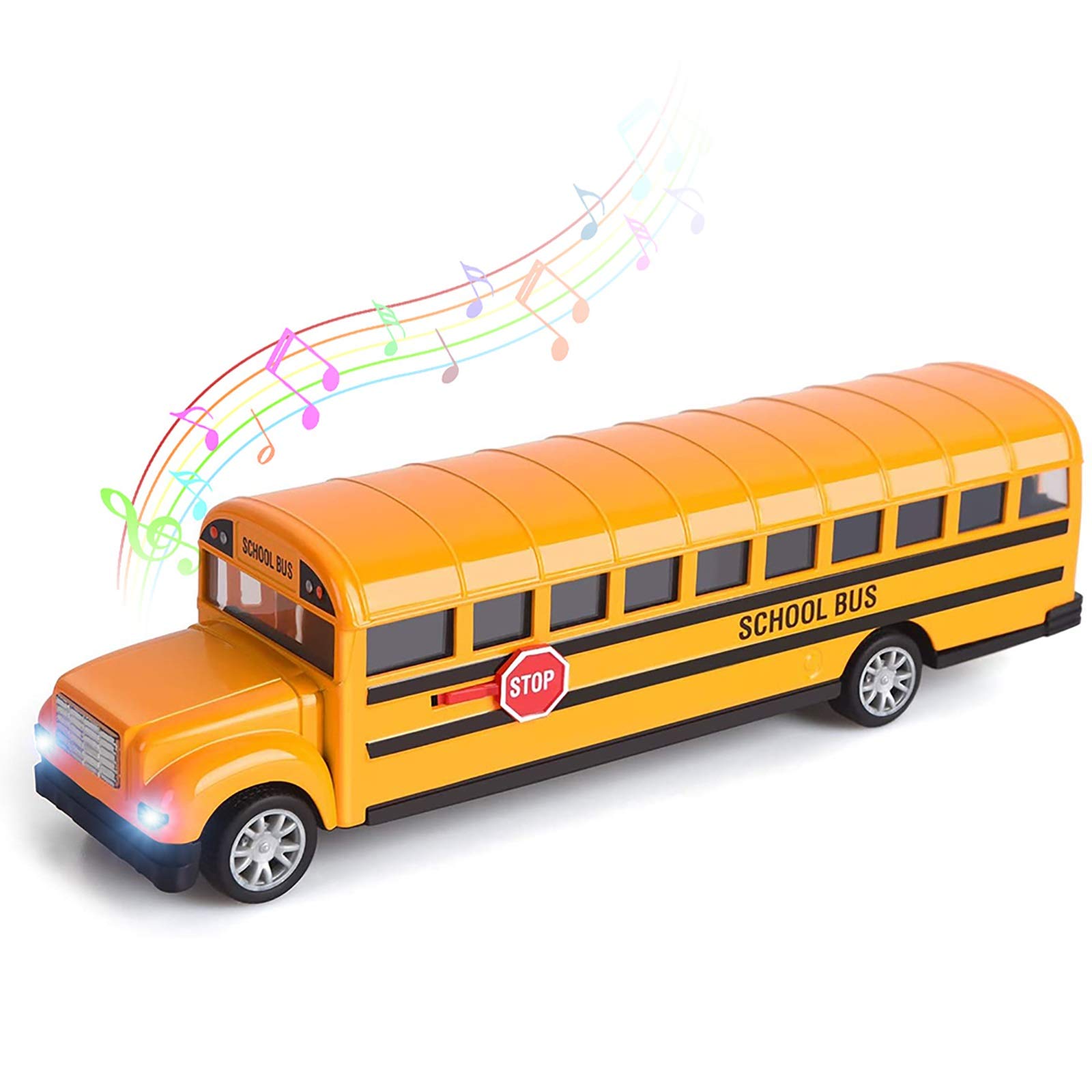 Think Wing School Bus Toy for Toddlers, 8.5 inch Die Cast Pull Back Cars Yellow Bus Play Vehicles with Sounds and Light