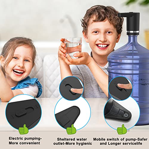 Water Bottle Pump Dispenser 5 Gallon, Manual Straight Plug Button, Automatic Drinking Water Pump, USB Charging with jug Cap, Black