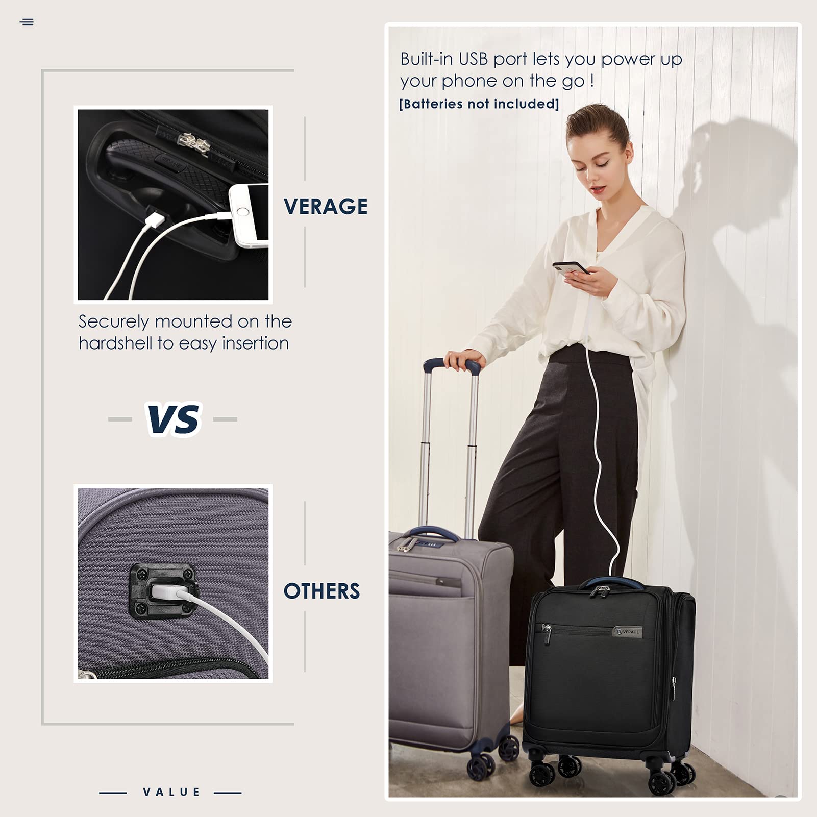 Verage Carry On Underseat Luggage with Wheels & USB Port, Wheeled Spinner Bag Carry-on Luggages for Airlines, Lightweight Suitcase Men Women, Pilots and Crew (14-Inch Plus)