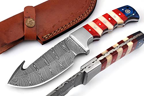 zZZ Damascus Gut Hook Skinning hunting Knife With Leather Sheath- Best Damascus Steel American Flag Hunting Knife