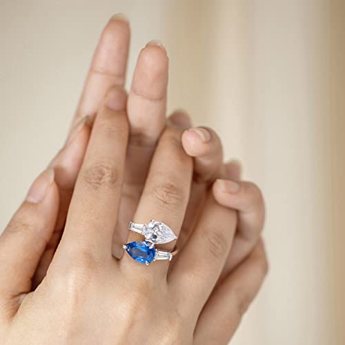 通用 2pcs 4CT Pear Cut Blue & White Zircon Engagement Ring, Rhodium Plated 925 Sterling Silver Two Stone Wedding Anniversary Promise Ring for Her (Silver, 7)