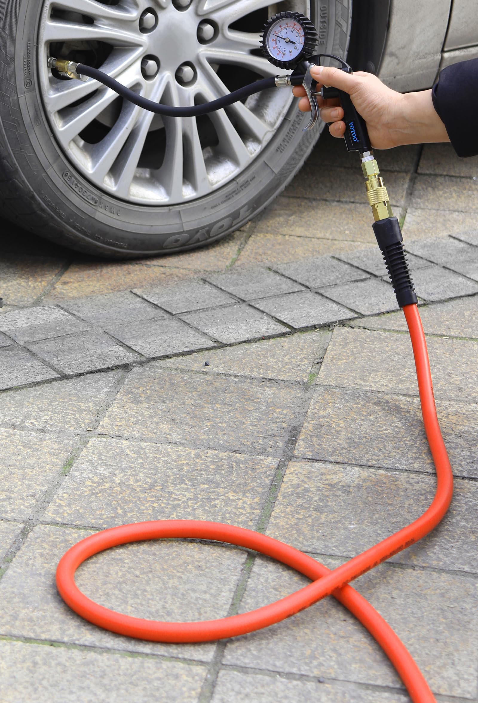 YOTOO Air Hose 3/8 in. x 3 ft, 300 PSI Hybrid Lead-in Air Compressor Hose, Heavy Duty, Lightweight, Kink Resistant, All-Weather Flexibility with 1/4β Quick Coupler Fitting and Bend Restrictors, Orange