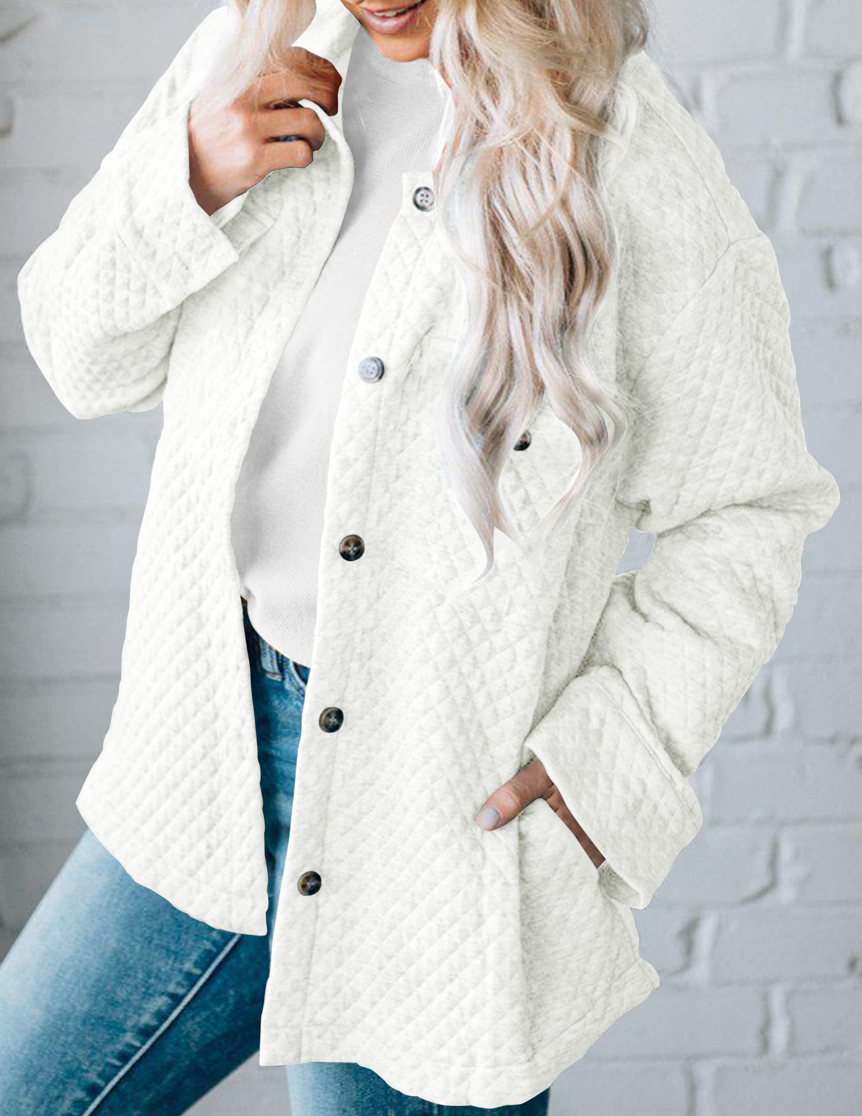 ZESICA Women's Casual Long Sleeve Button Down Loose Lightweight Shacket Shirt Jacket Coat Outerwear with Pockets,White,Medium