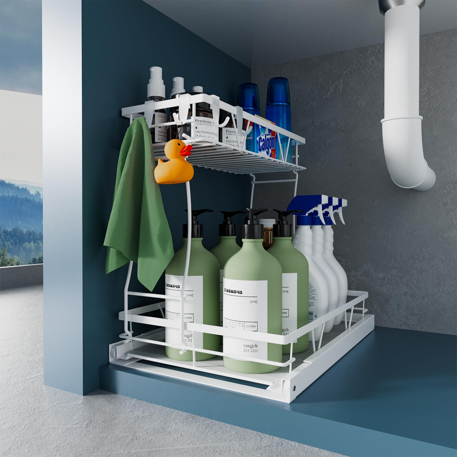 VERIFOST Under Sink Organizer, 2 Tier Under Sink Organizers and Storage, L Shaped Under Sink Pull Out Shelf Organizer, Multi-use Under Sink Storage for Kitchen Bathroom Cabinet, Black
