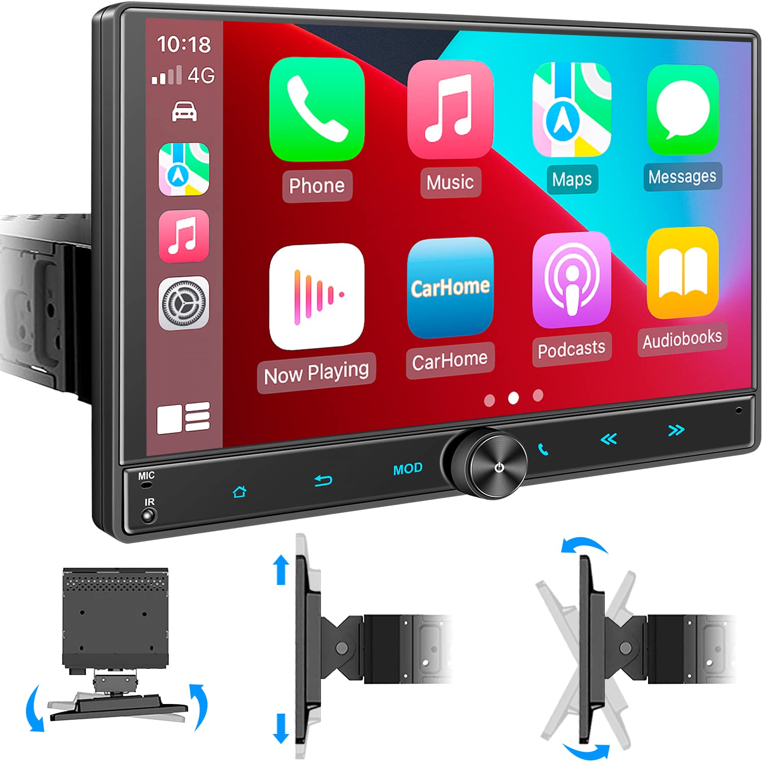 Westods Detachable and Adjustable 10.5" HD IPS Large Screen Single Din Car Stereo - CarPlay, Android Auto, Steering Wheel, Bluetooth, Subw, Mirror Link, FM/AM Car Radio, Backup Camera, USB/SD/AUX