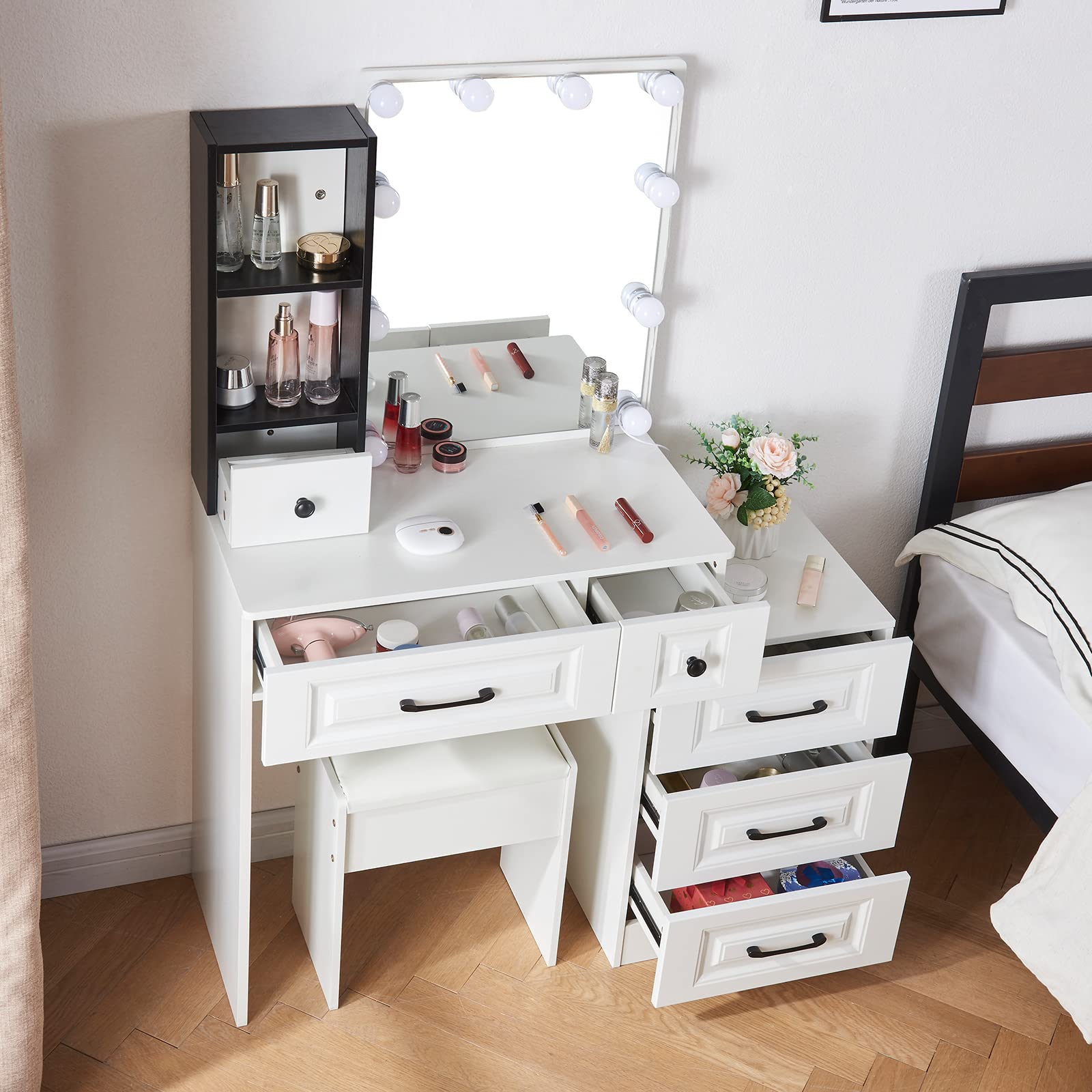 Xinhonglei Dressing Table with Lighted Mirror, Vanity Set with 5 Drawers and Cushioned Stool, White Modern Vanity Table Bedroom Furniture Dresser
