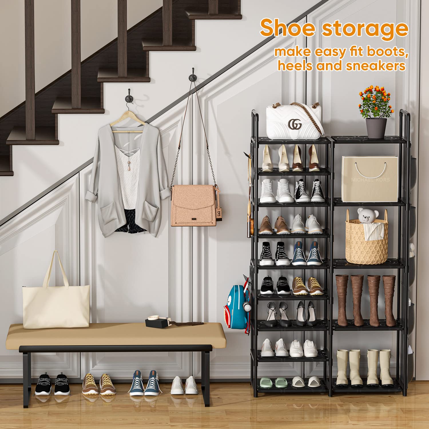 XJJX 9-Tier Shoe Rack Organizer, 28 Pairs Metal Shoe Rack for Closet Boots Organizer Shoe Storage with Side Bag Stackable Shoe Stand for Entryway Hallway and Bedroom
