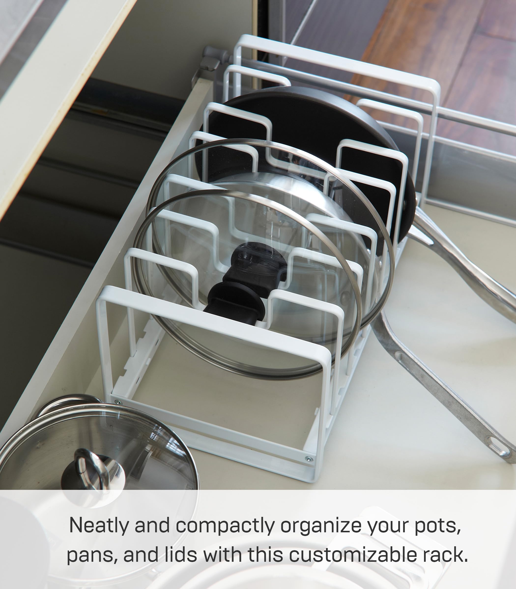 YAMAZAKI Home Tower Under Sink Pot Lids And Frying Pan Storage Kitchen Drawer Organizer Rack - Steel